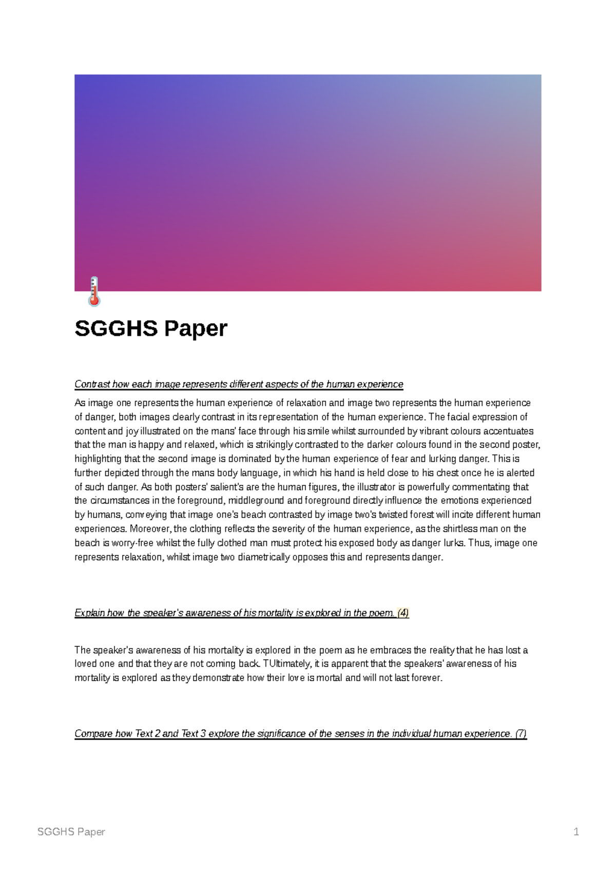 Sgghs Comprehension Paper Responses - 🌡 SGGHS Paper Contrast how each ...