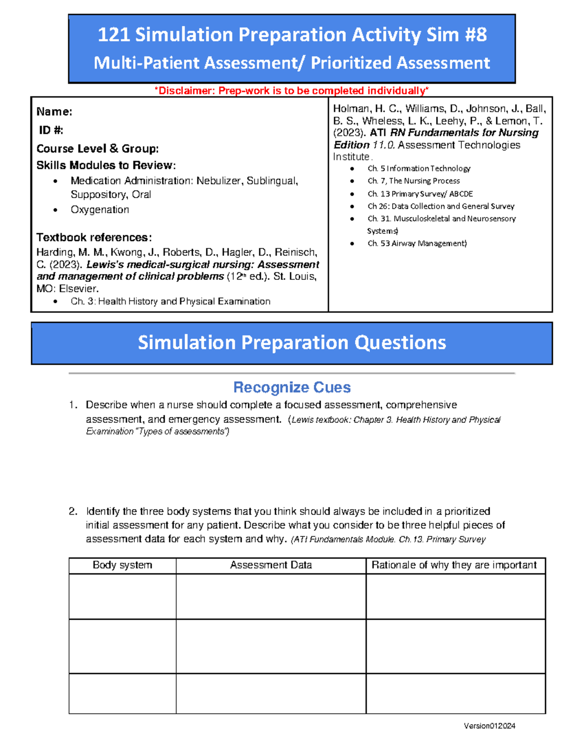 Sim #1 Multipatient Focused Assessment Prep Work 2023 - Multi-Patient ...