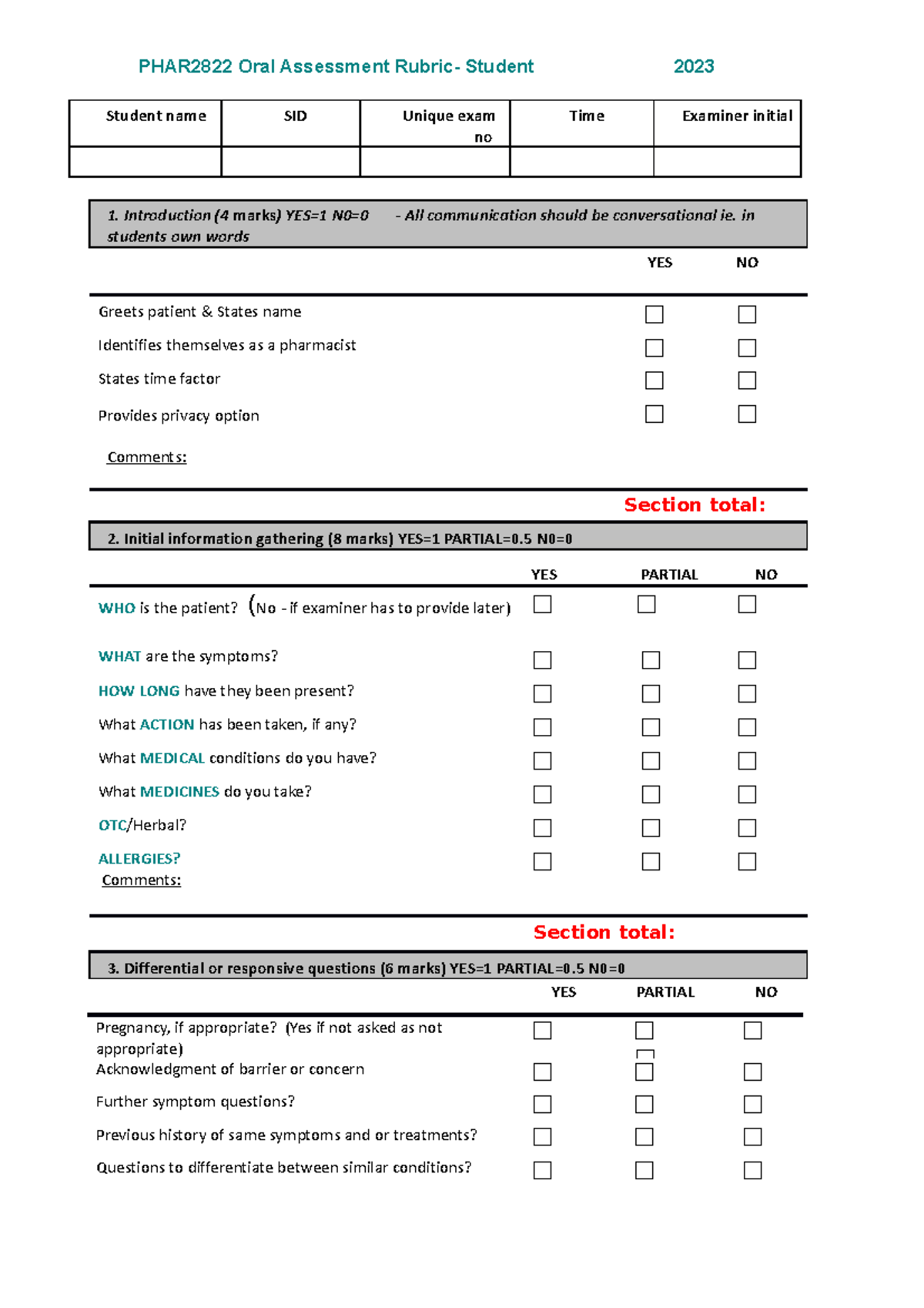 PHAR2822 PP2 Rubric.Oral assessment guide 2023 Revised - PHAR2822 Oral ...