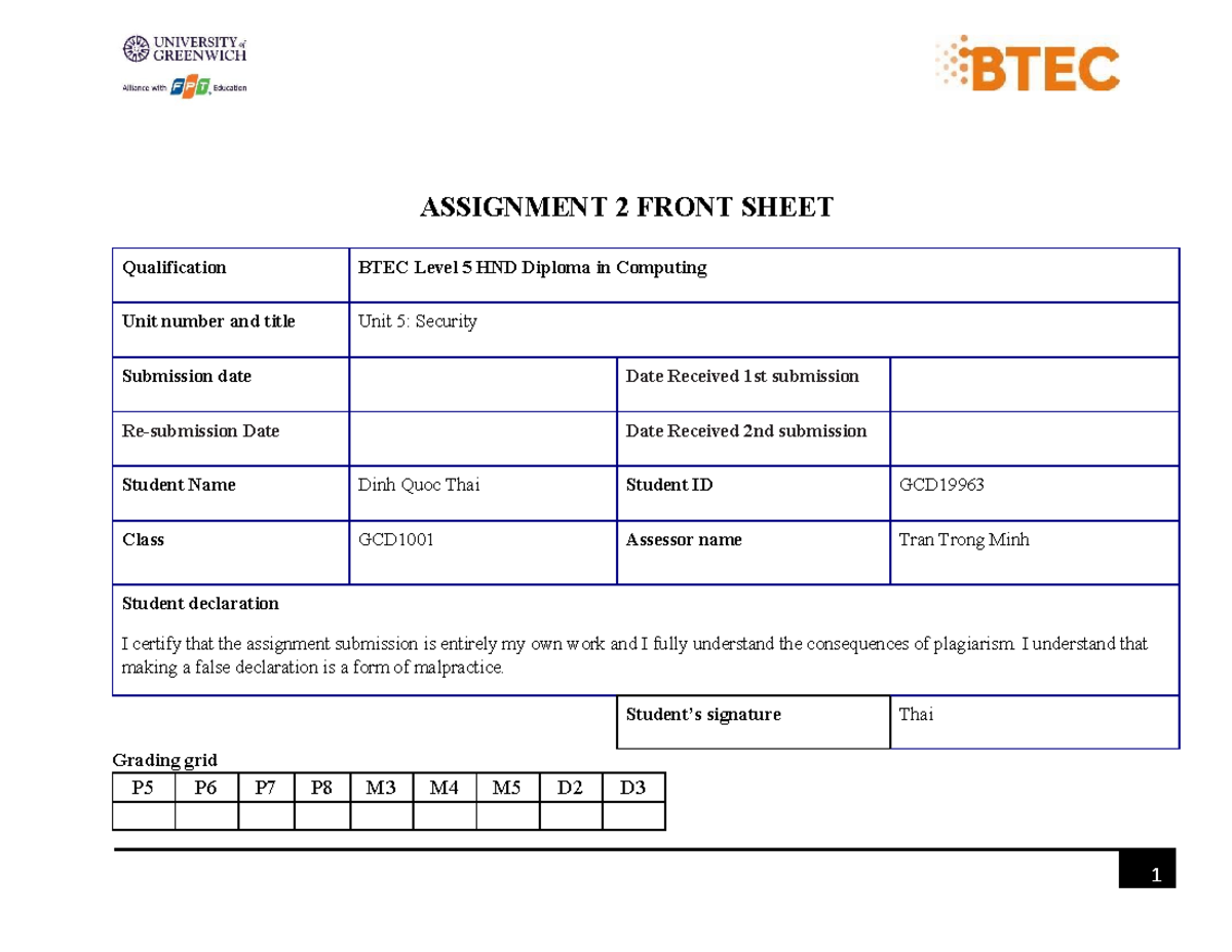 1623 ASM2 greenwich - ASSIGNMENT 2 FRONT SHEET Qualification BTEC Level ...