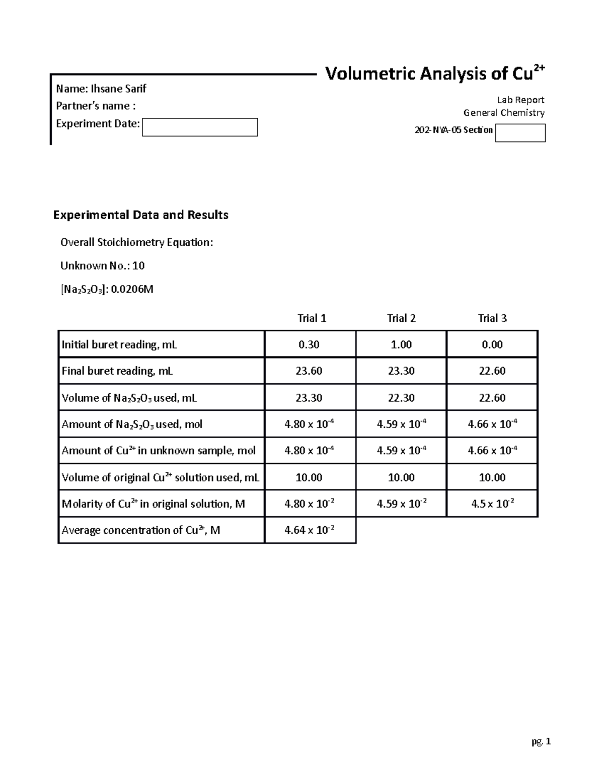 Volumetric analysis of Cu2 lab report - Name: Ihsane Sarif Volumetric ...