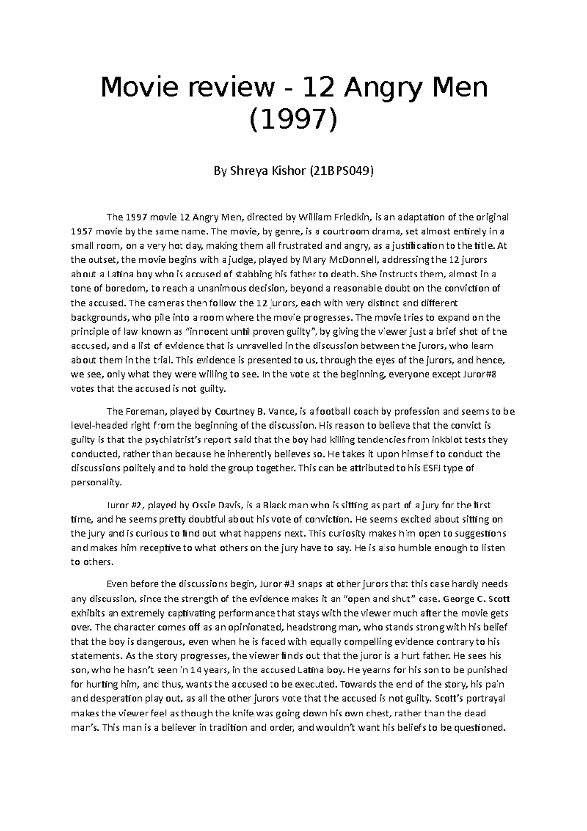 21BPS049 Movie review - 12 Angry Men (1997) - Movie review - 12 Angry ...