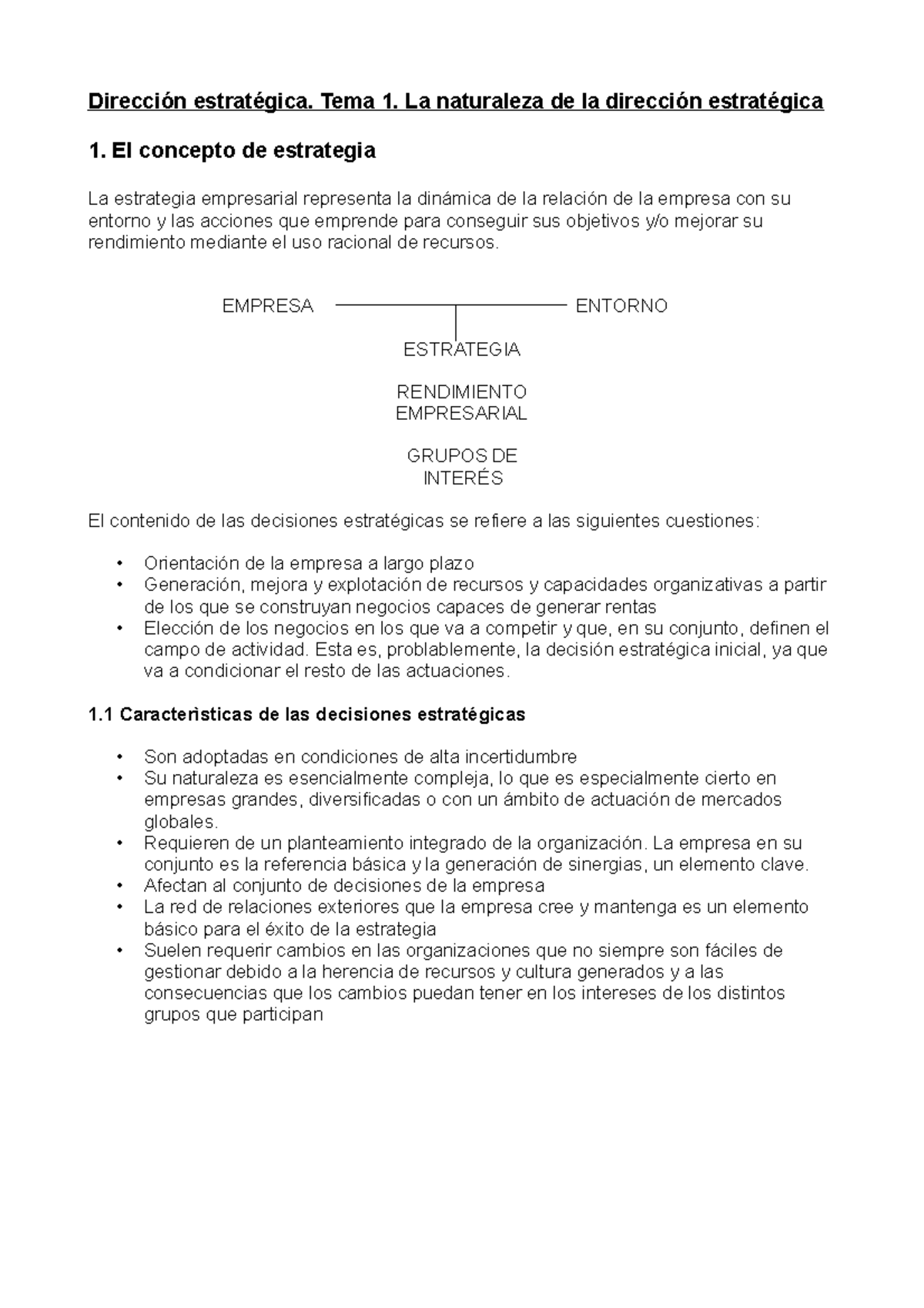 TEMA 1 - Dirección Estratégica - Dirección estratégica. Tema 1. La naturaleza de la dirección ...