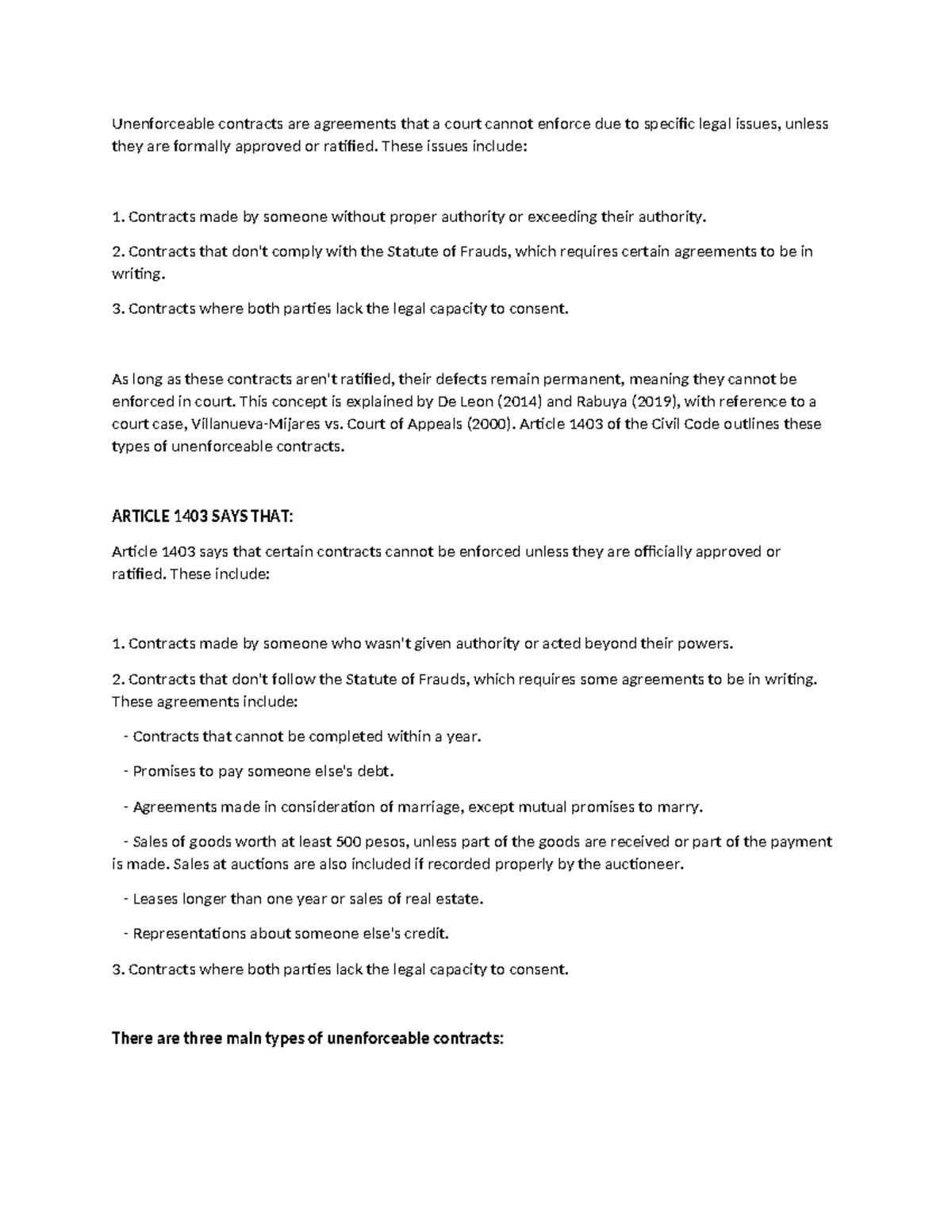 Buslaw - Business law - Unenforceable contracts are agreements that a ...