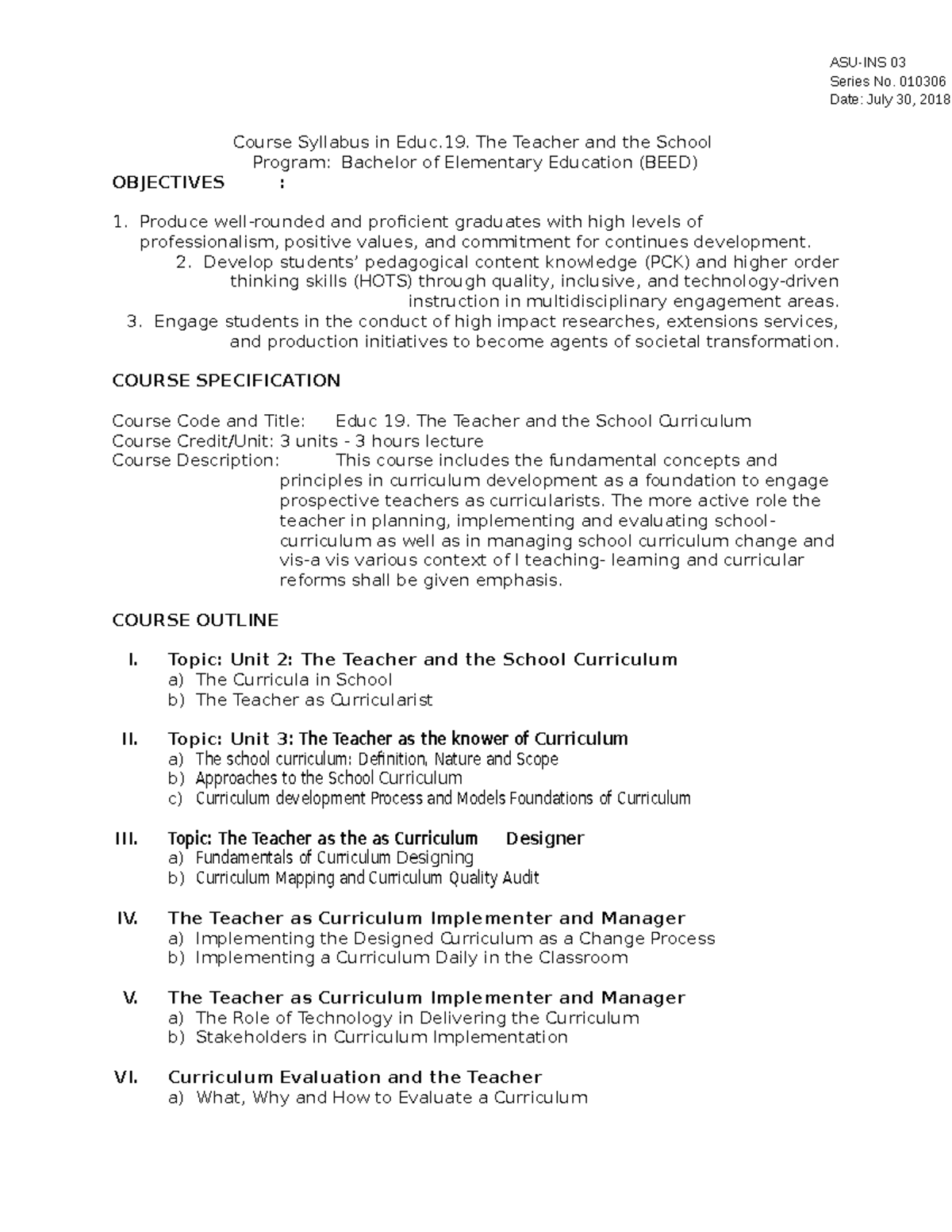 The Teacher and the Community - Series No. 010306 Date: July 30, 2018 ...