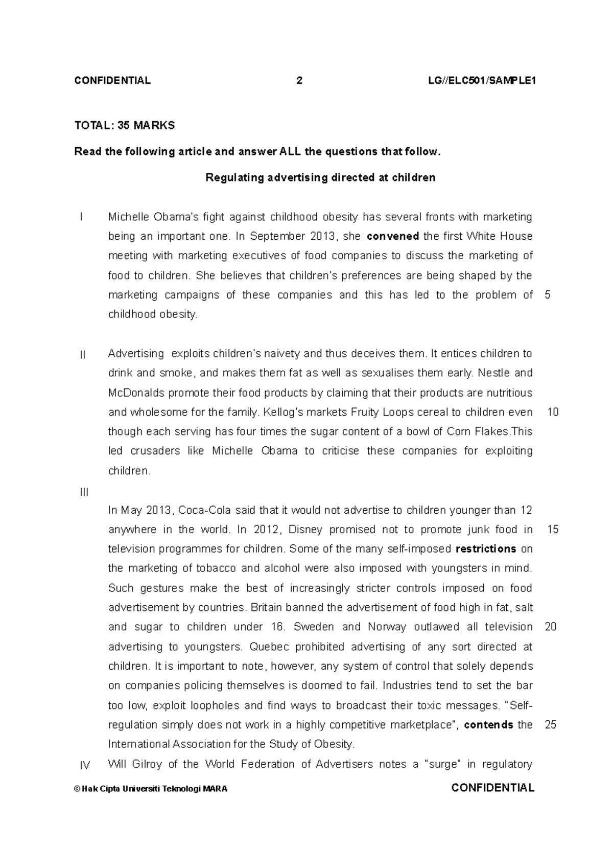 ELC 501 TEST QP Sample 1 - TOTAL: 35 MARKS Read the following article ...