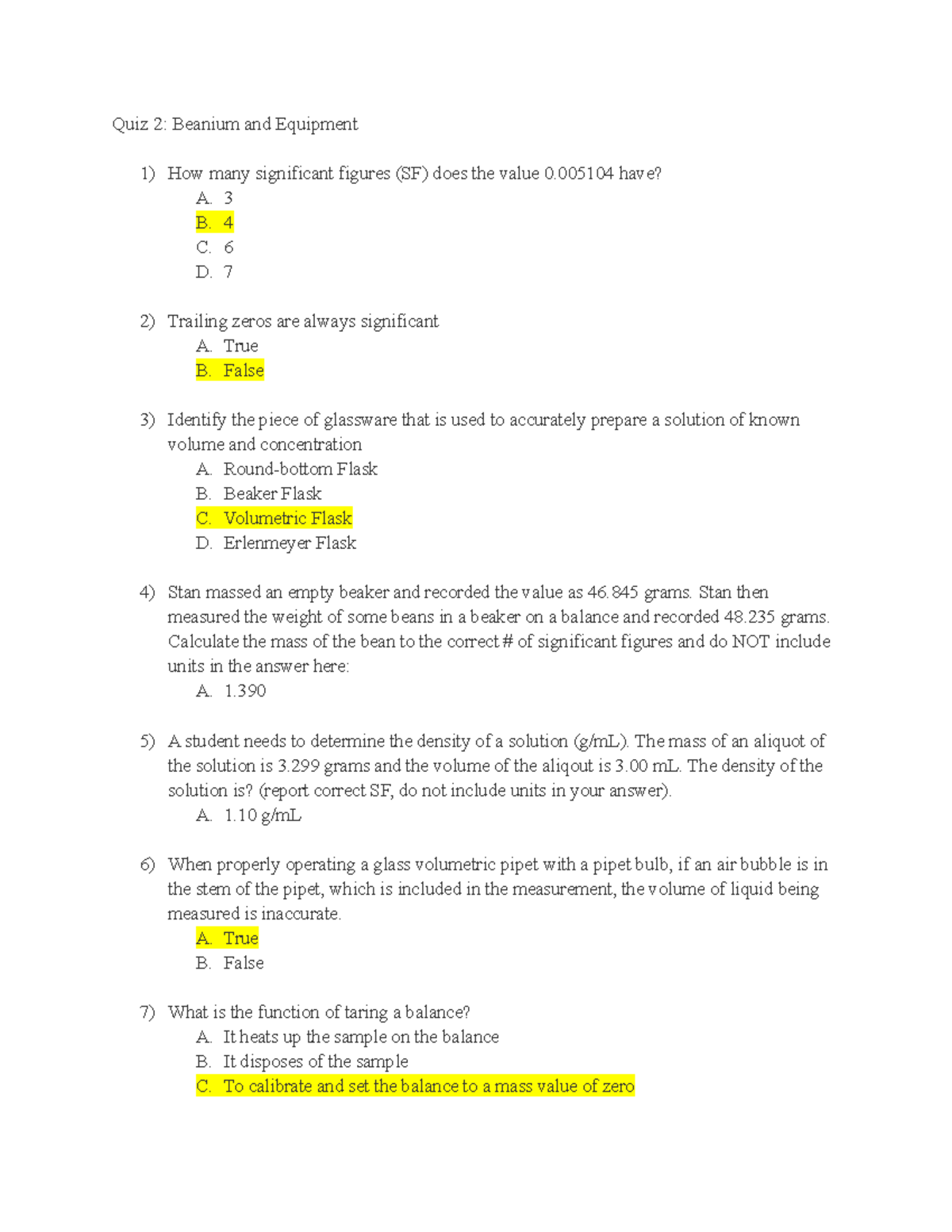 Chem 111 Quiz 2 - Beanium Lab quiz - Quiz 2: Beanium and Equipment How ...