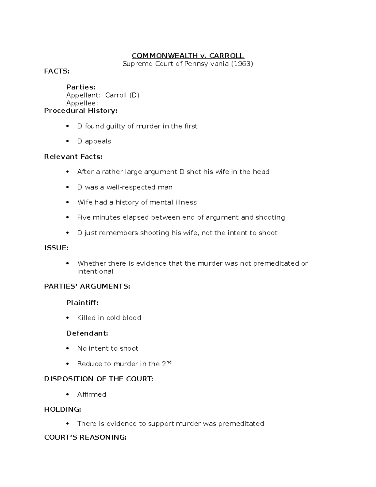 Commonweath v. Carroll. Touro Criminal Law 2020docx - COMMONWEALTH v ...