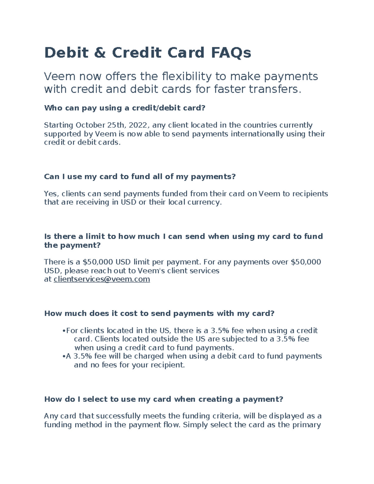 Veem CC payment - Debit & Credit Card FAQs Veem now offers the ...