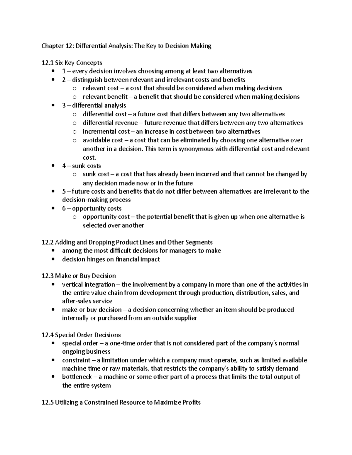 Chapter 12 Differential Analysis The Key To Decision Making This Term Is Synonymous With