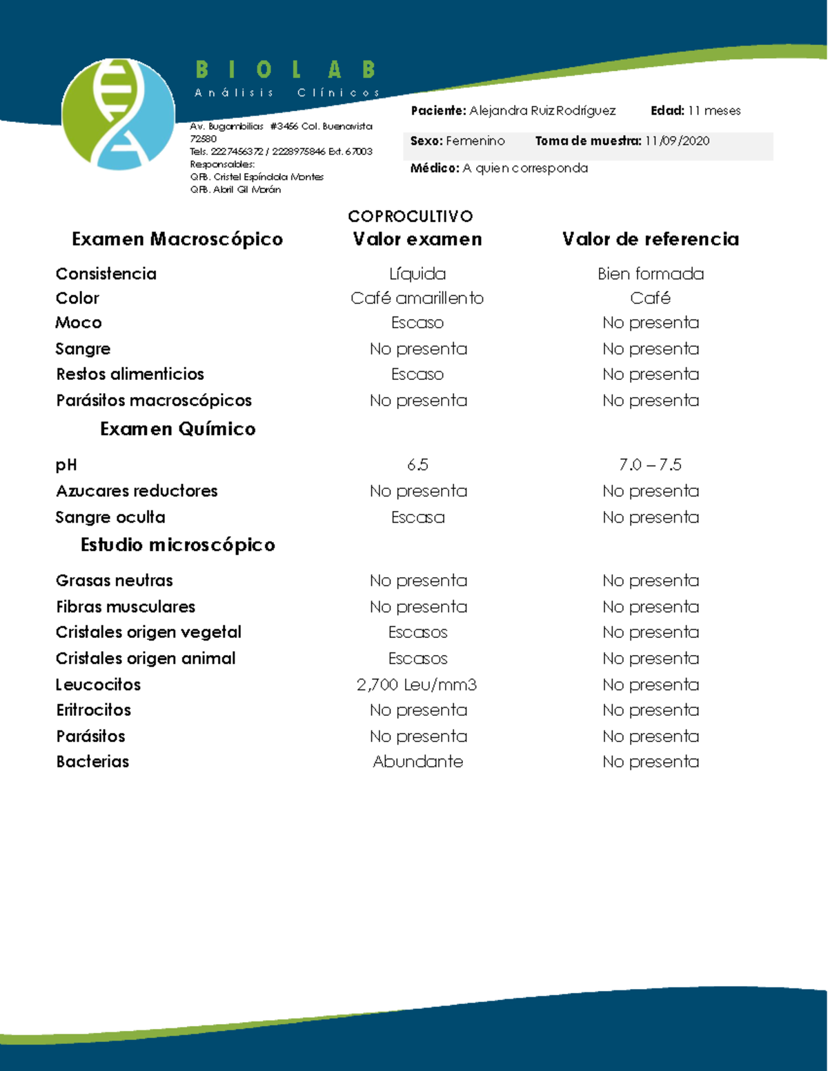 Coprocultivo - REPORTE - Paciente: Alejandra Ruiz Rodríguez Edad: 11 meses Sexo: Femenino Toma ...