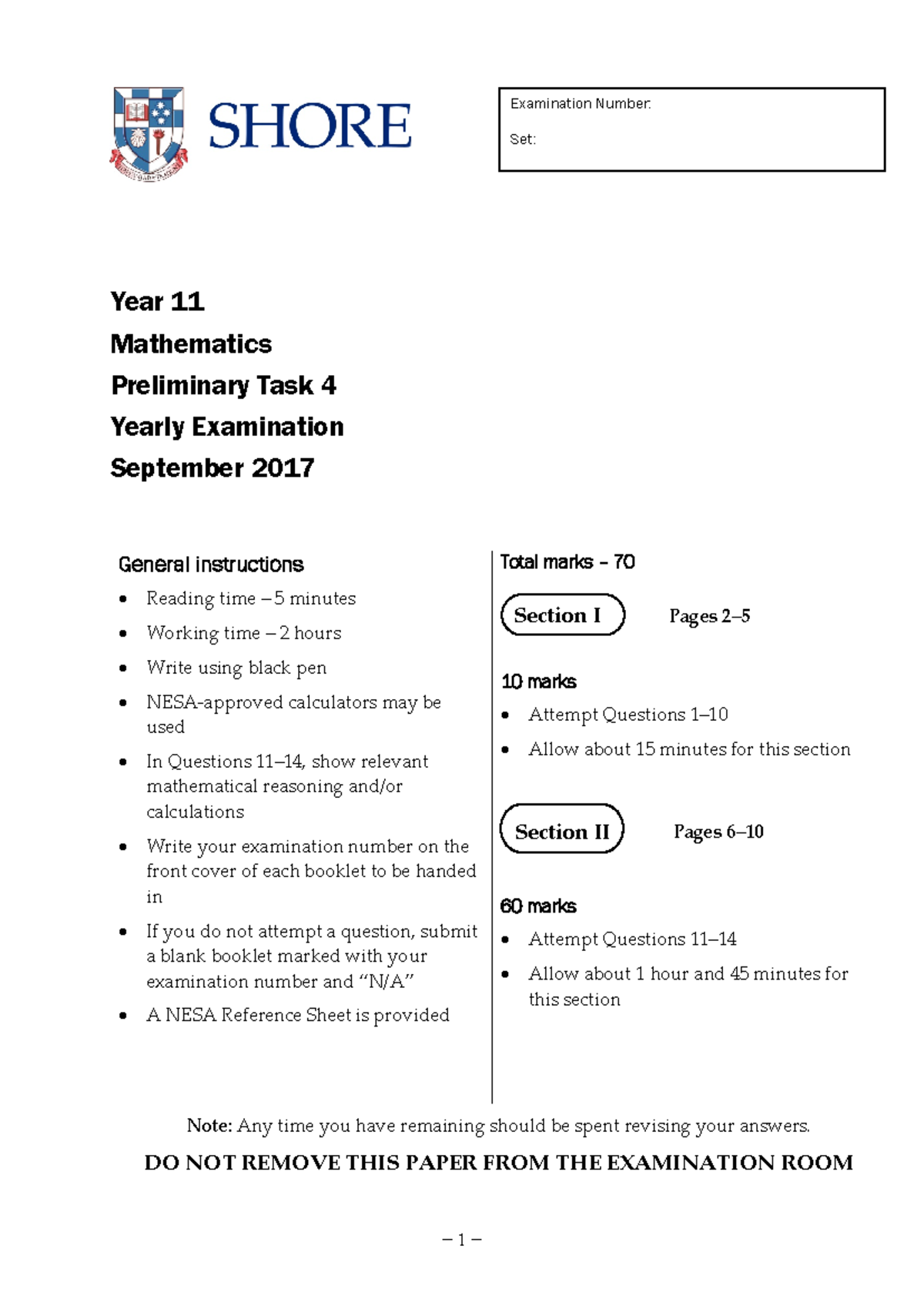 Yearly 2017 - Shore Mathematics Advanced Paper no solutions - Year 11 ...