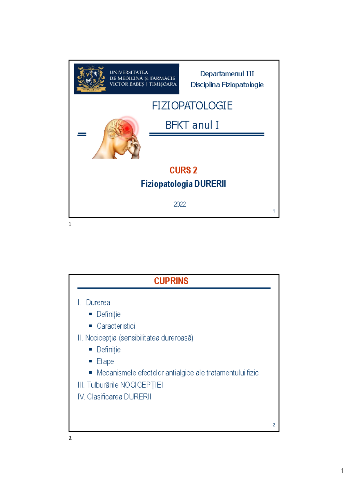 BFKT Curs 02 2022 Fiziopatologia Durerii - 1 2022 FIZIOPATOLOGIE BFKT anul I CURS 2 ...