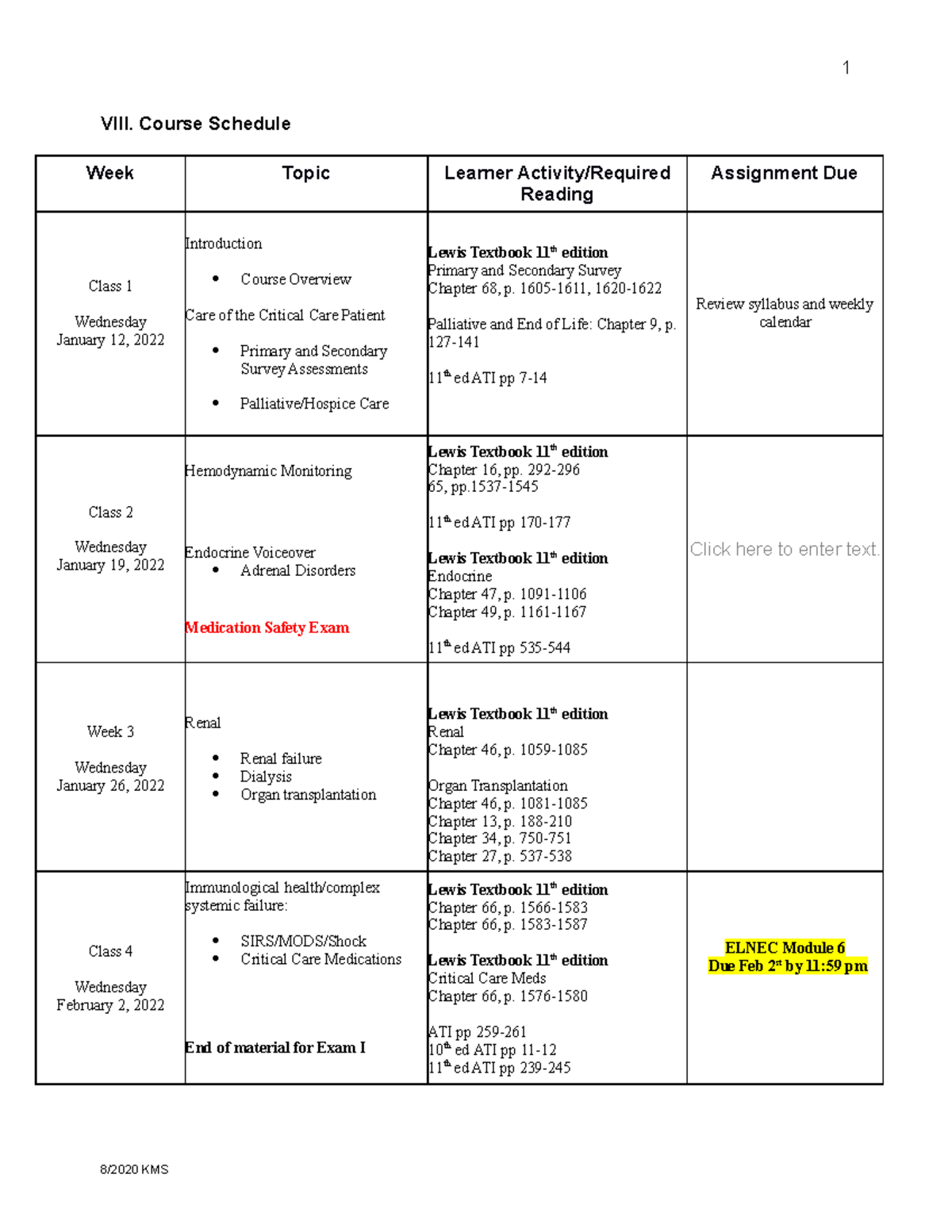 Med Surg 3 Schedule Syllabus in the classroom - VIII. Course Schedule ...