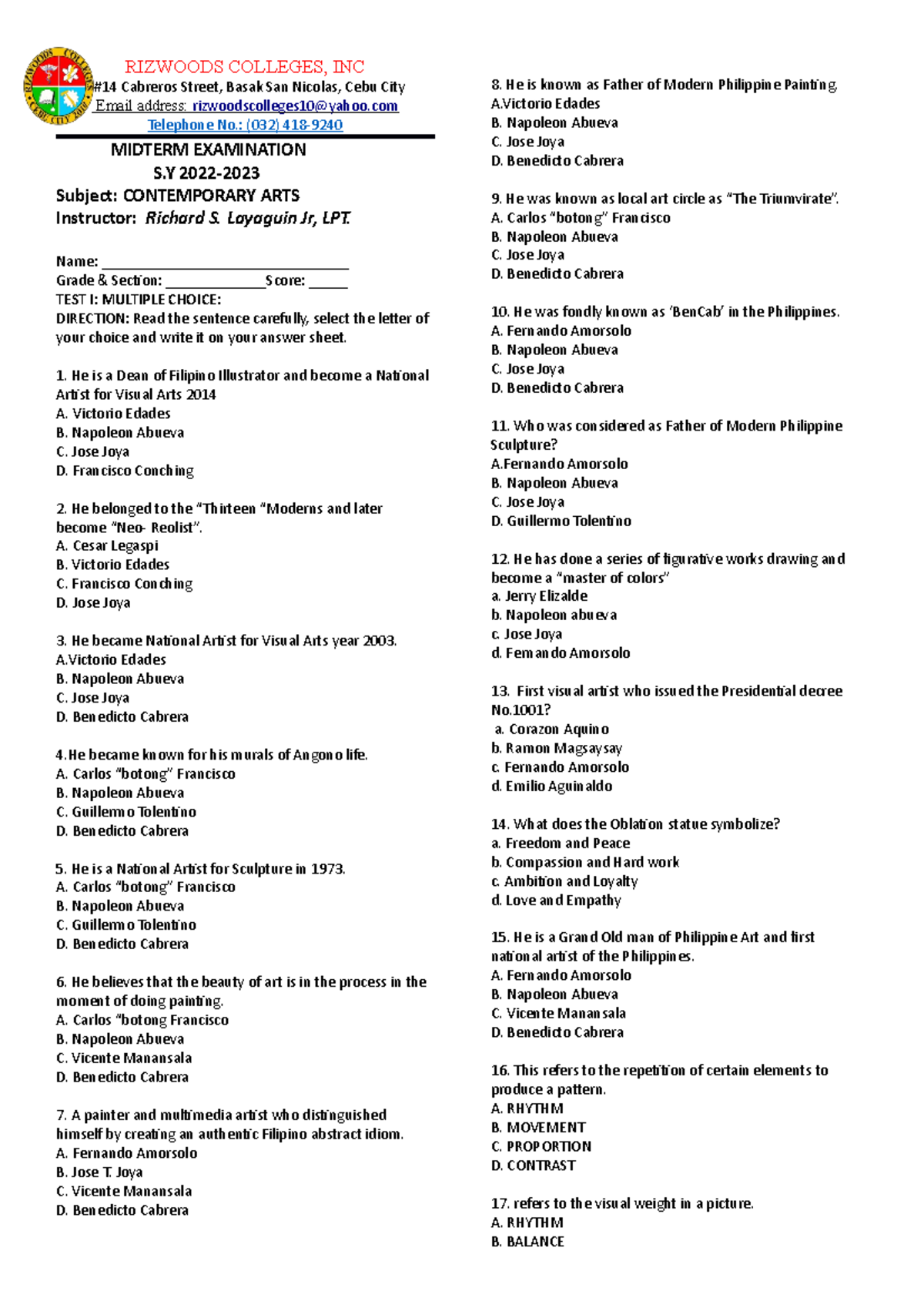 Midterm EXAM ARTS - lectures - RIZWOODS COLLEGES, INC #14 Cabreros ...