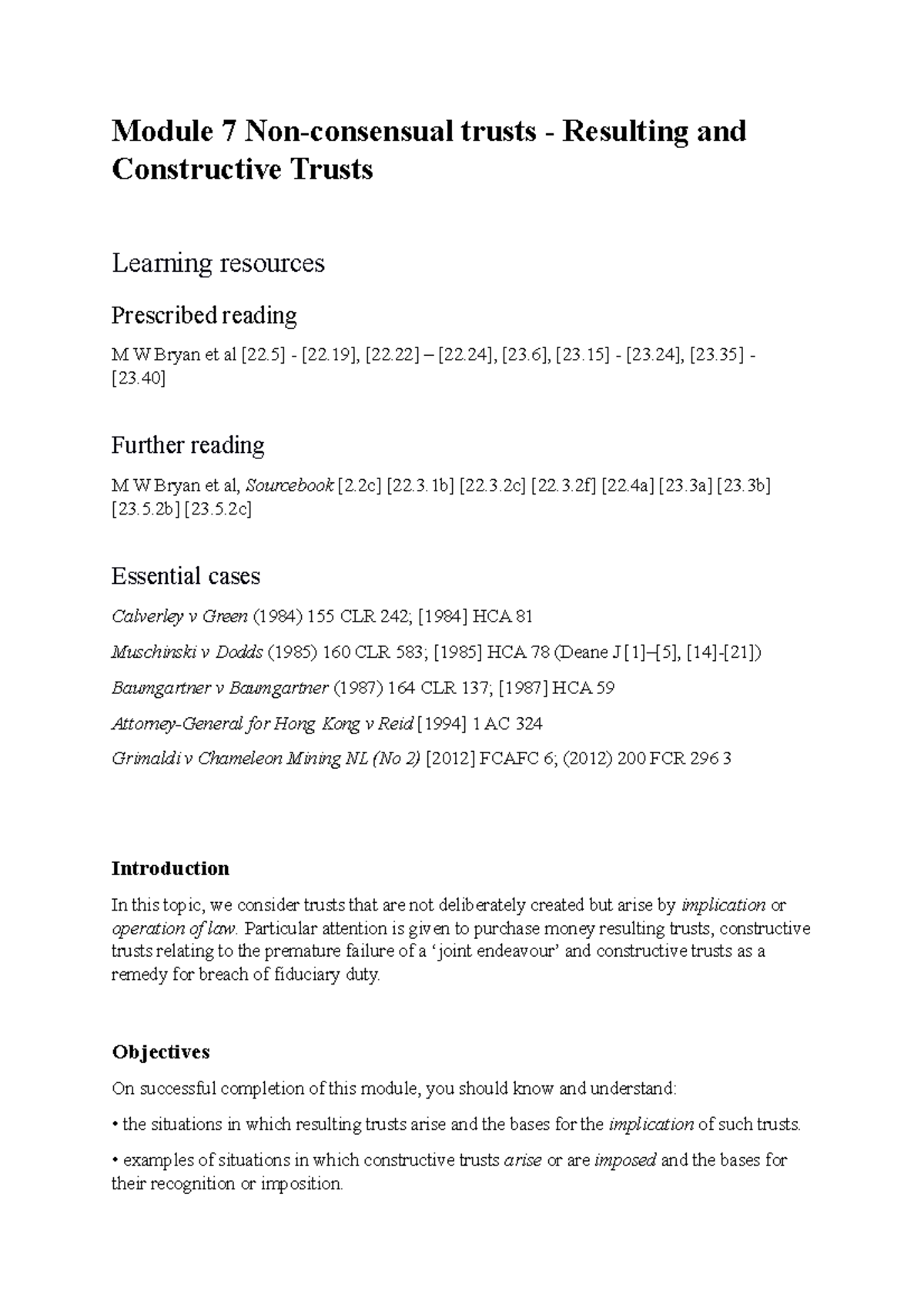 Equity and Trusts Module 7 Resulting and Constructive Trusts - Module 7 Non-consensual trusts ...