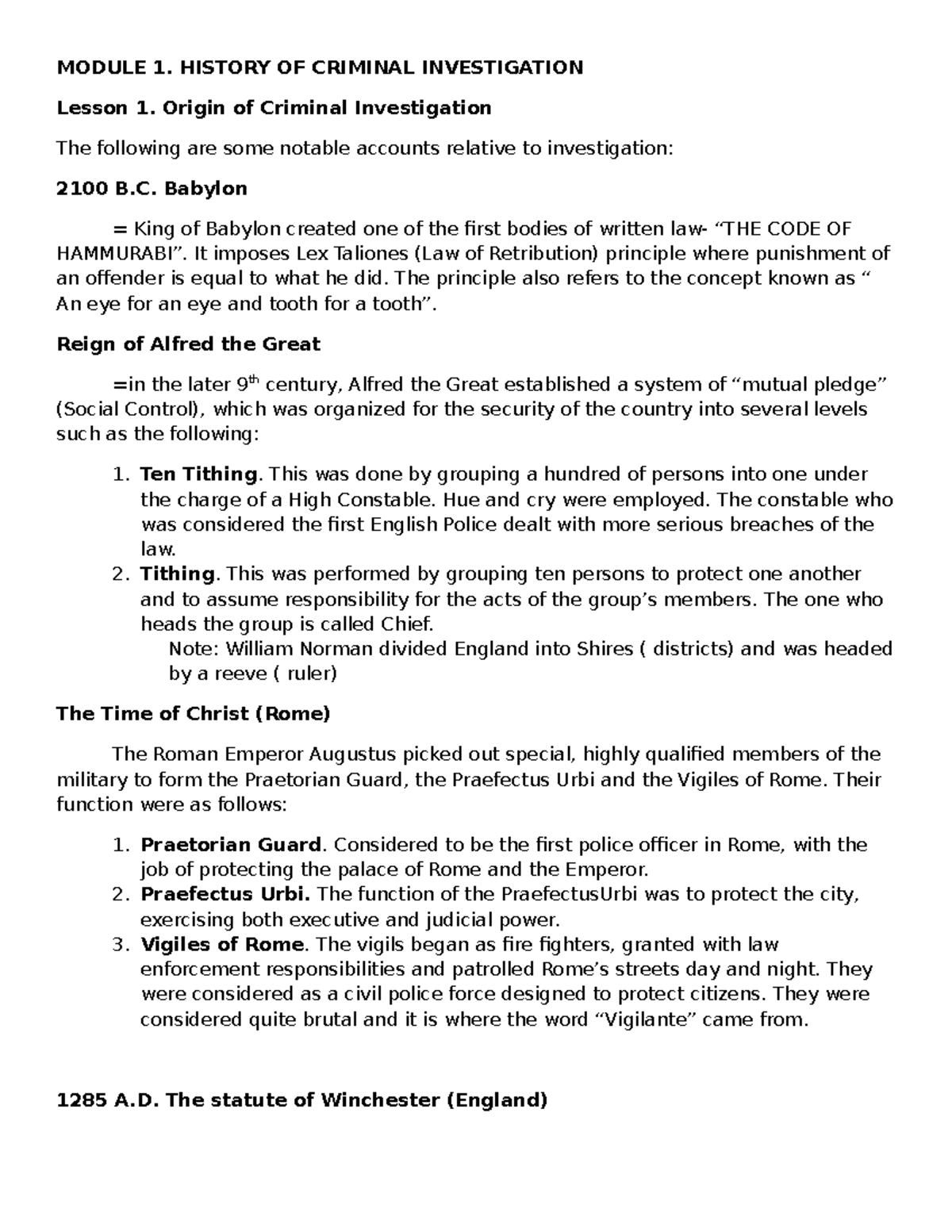 CDI1 - /// - MODULE 1. HISTORY OF CRIMINAL INVESTIGATION Lesson 1 ...