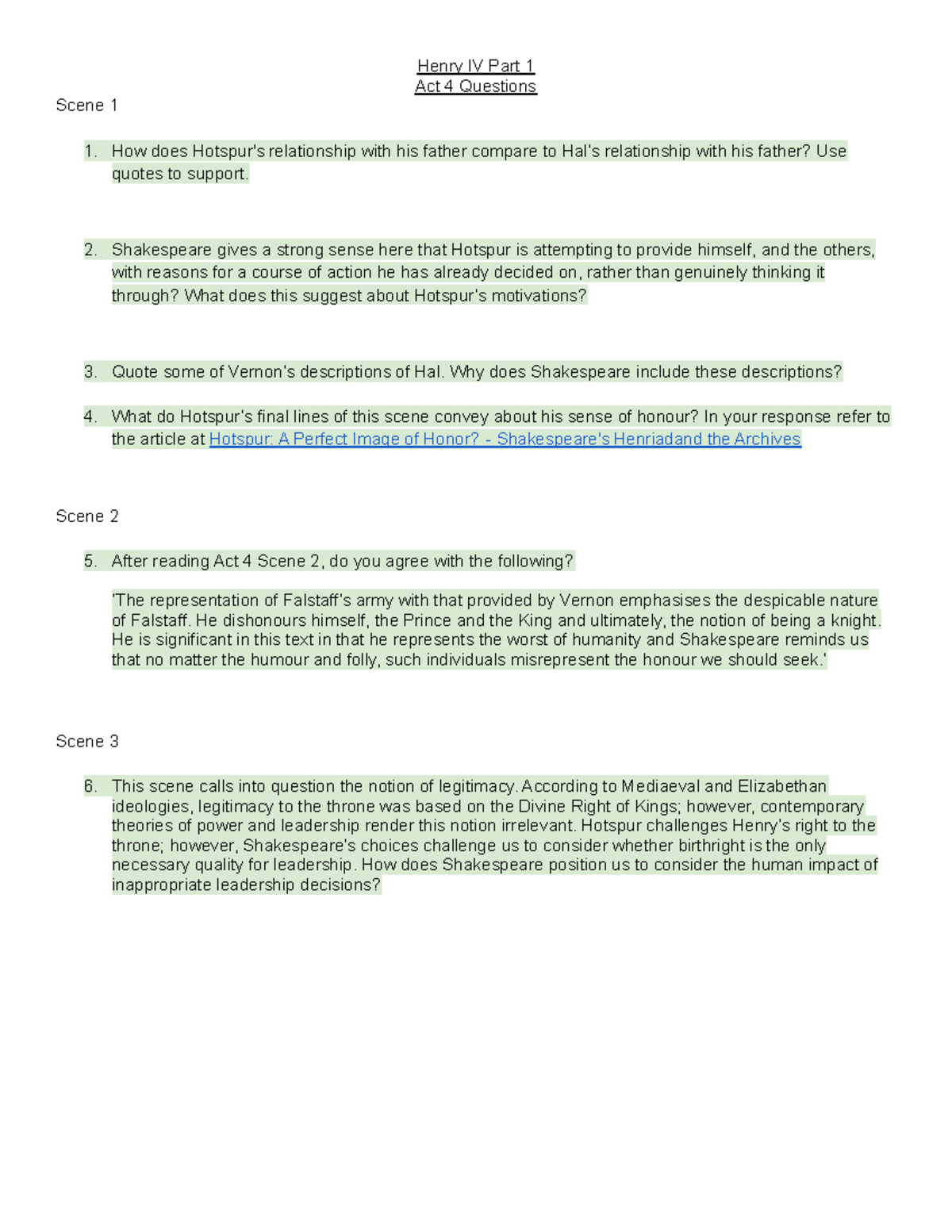 King Henry IV Part 1 - Act 4 qs - English Advanced HSC - Henry IV Part ...