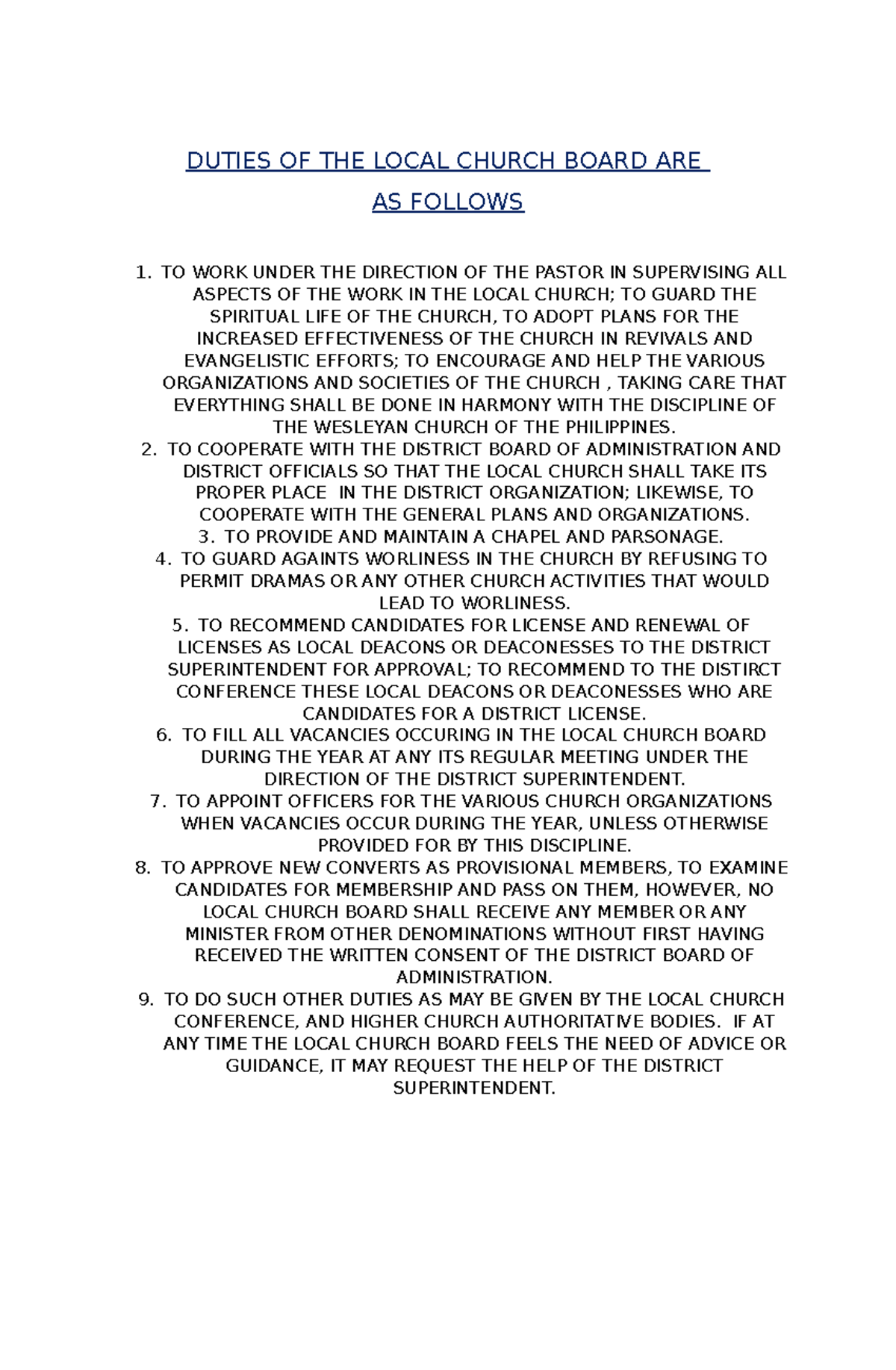 Duties OF THE Local Church Board ARE AS Follows - DUTIES OF THE LOCAL ...