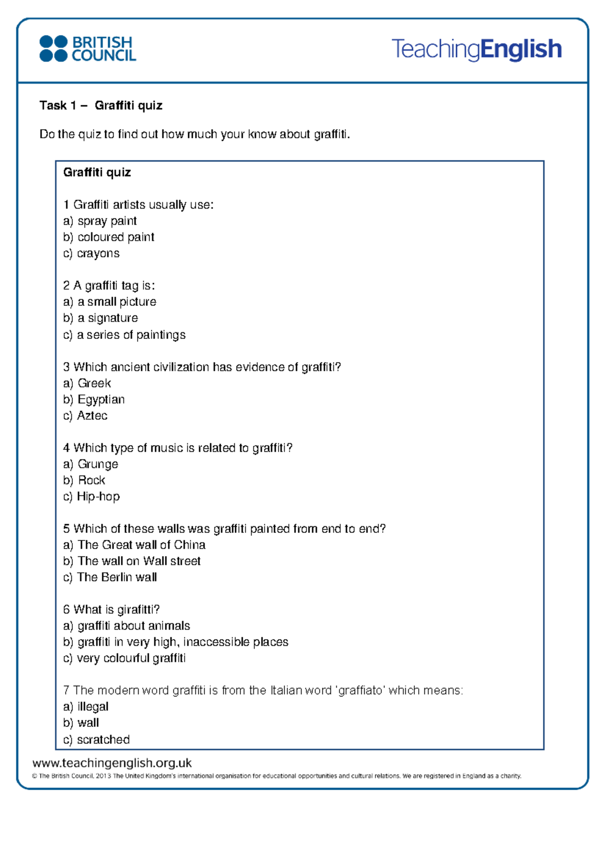Graffiti student worksheet - Task 1 – Graffiti quiz Do the quiz to find ...