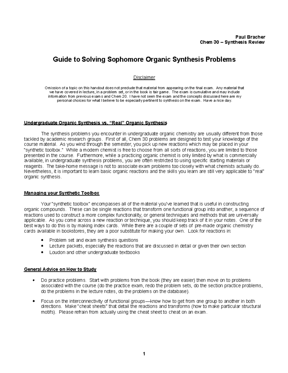 Synthesis Review - Undergraduate Organic Synthesis Guide - Paul Bracher ...