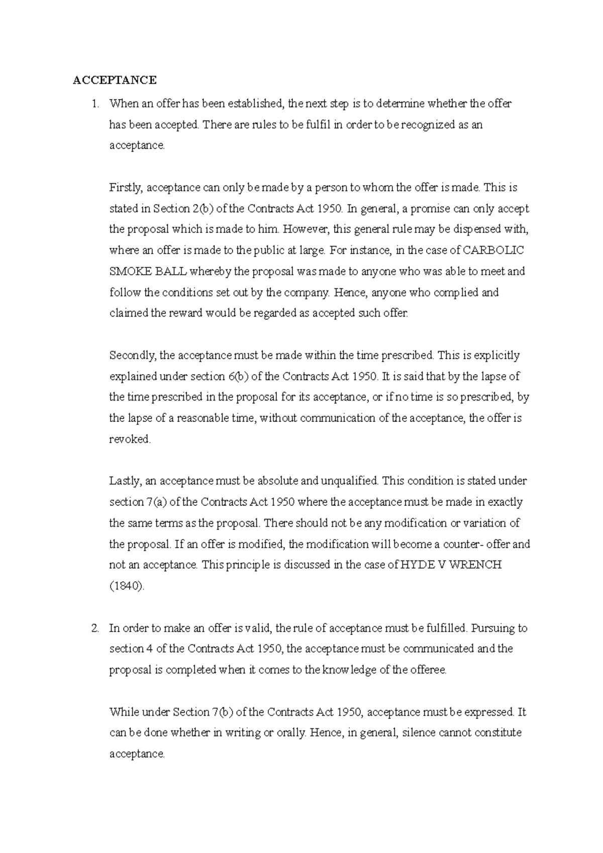 Acceptance - Law of contract - ACCEPTANCE When an offer has been ...