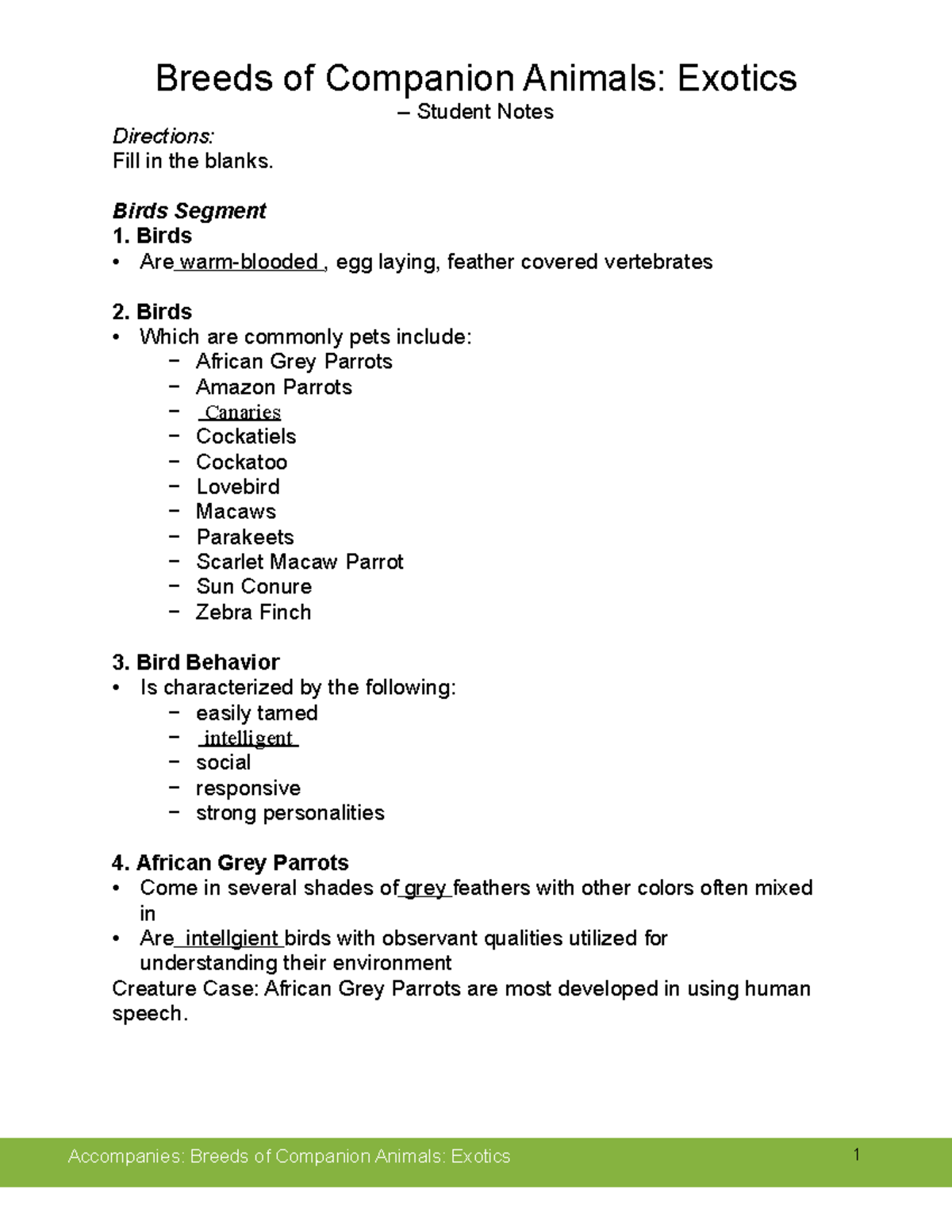 Breeds of Exotics Notes Word - Directions: Fill in the blanks. Birds ...