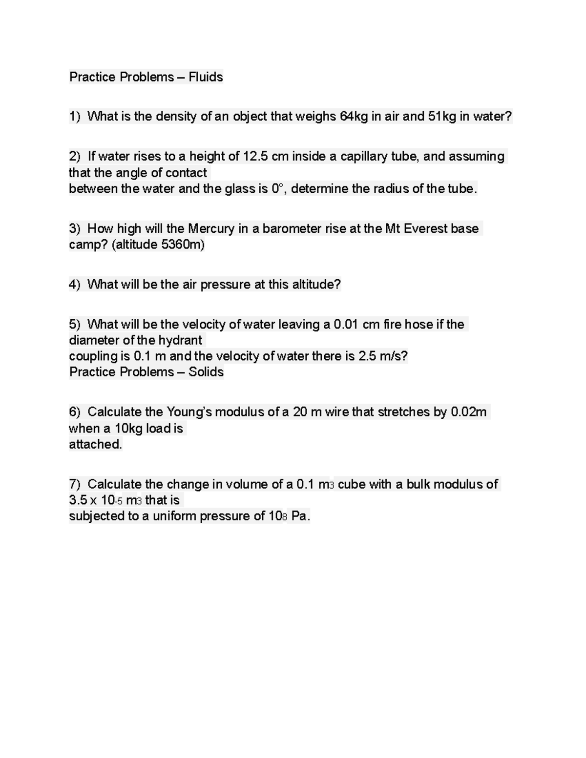 Physics 34 - Practice Problems – Fluids What is the density of an ...