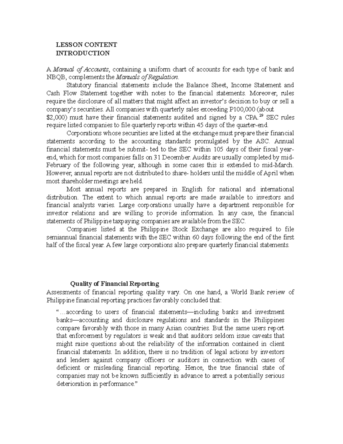 Philippines Financial Reporting - LESSON CONTENT INTRODUCTION A Manual ...