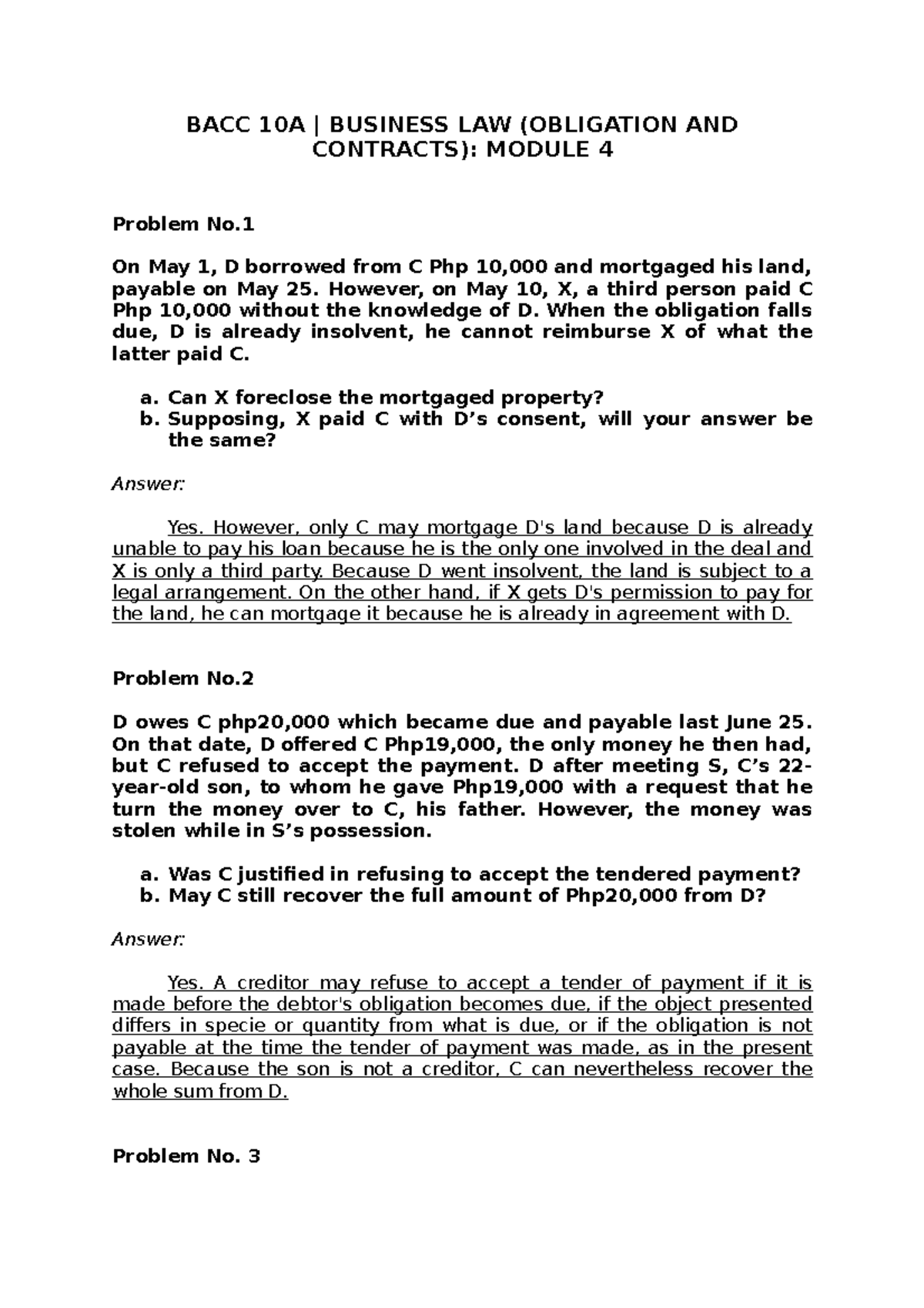 BACC 10A Business LAW ( Obligation AND Contracts) - Module 4 - BACC 10A ...