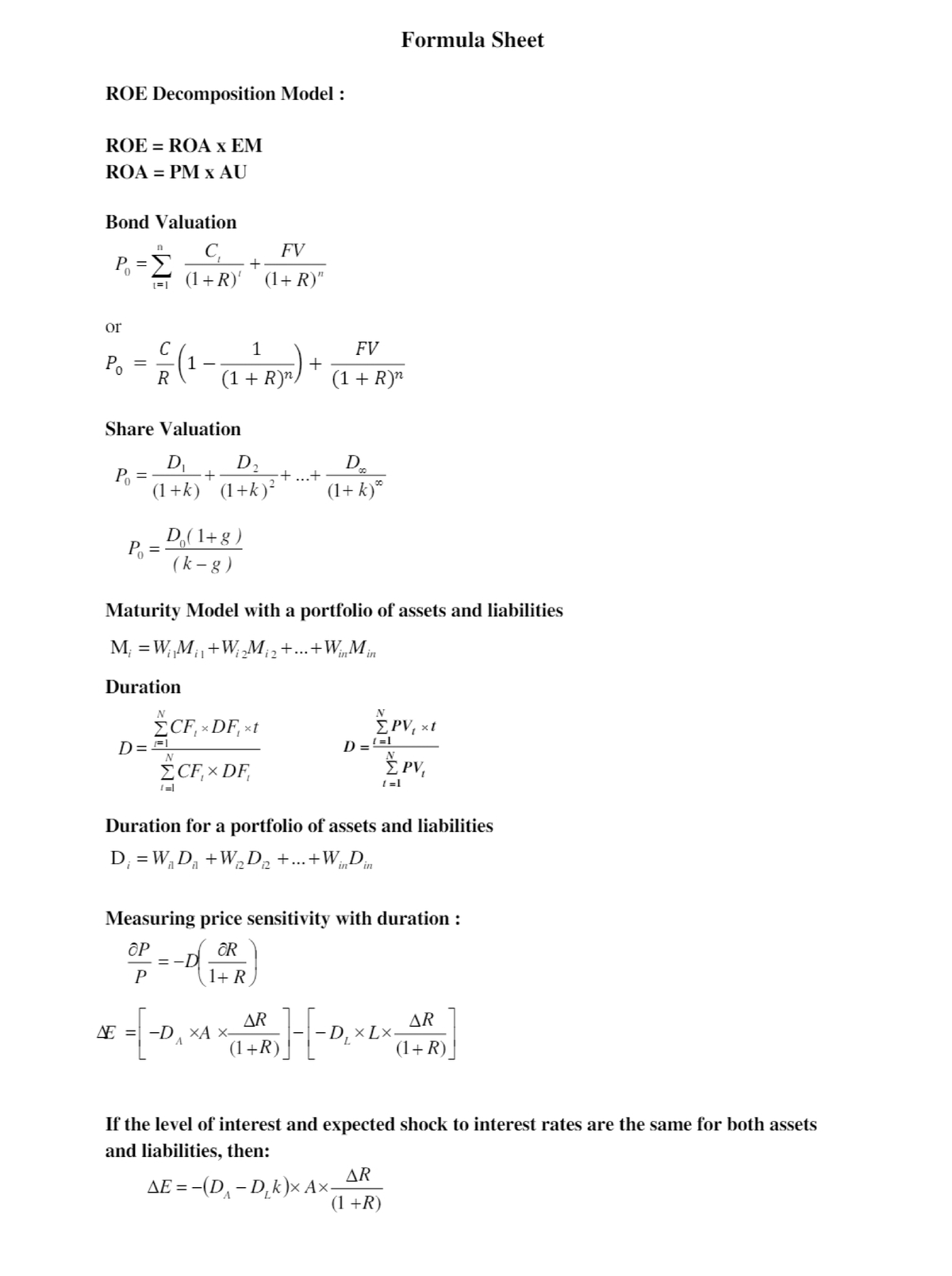 FIM Formula Sheet & Notes - CORPFIN 2501 - Studocu