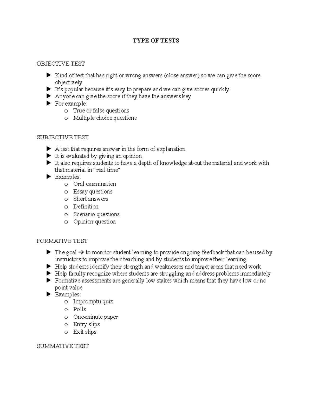 Type of tests - It will talk about the types of test such as formative ...
