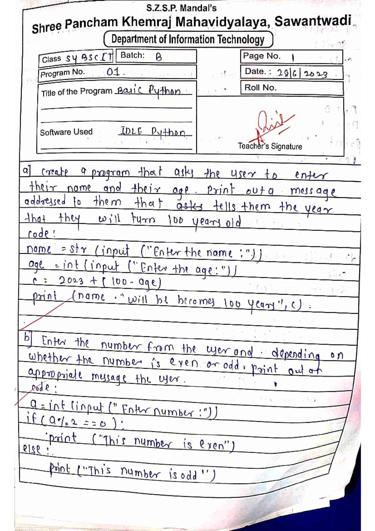 Sy python journal - I am student - BscIT (Information Technoogy) - Studocu