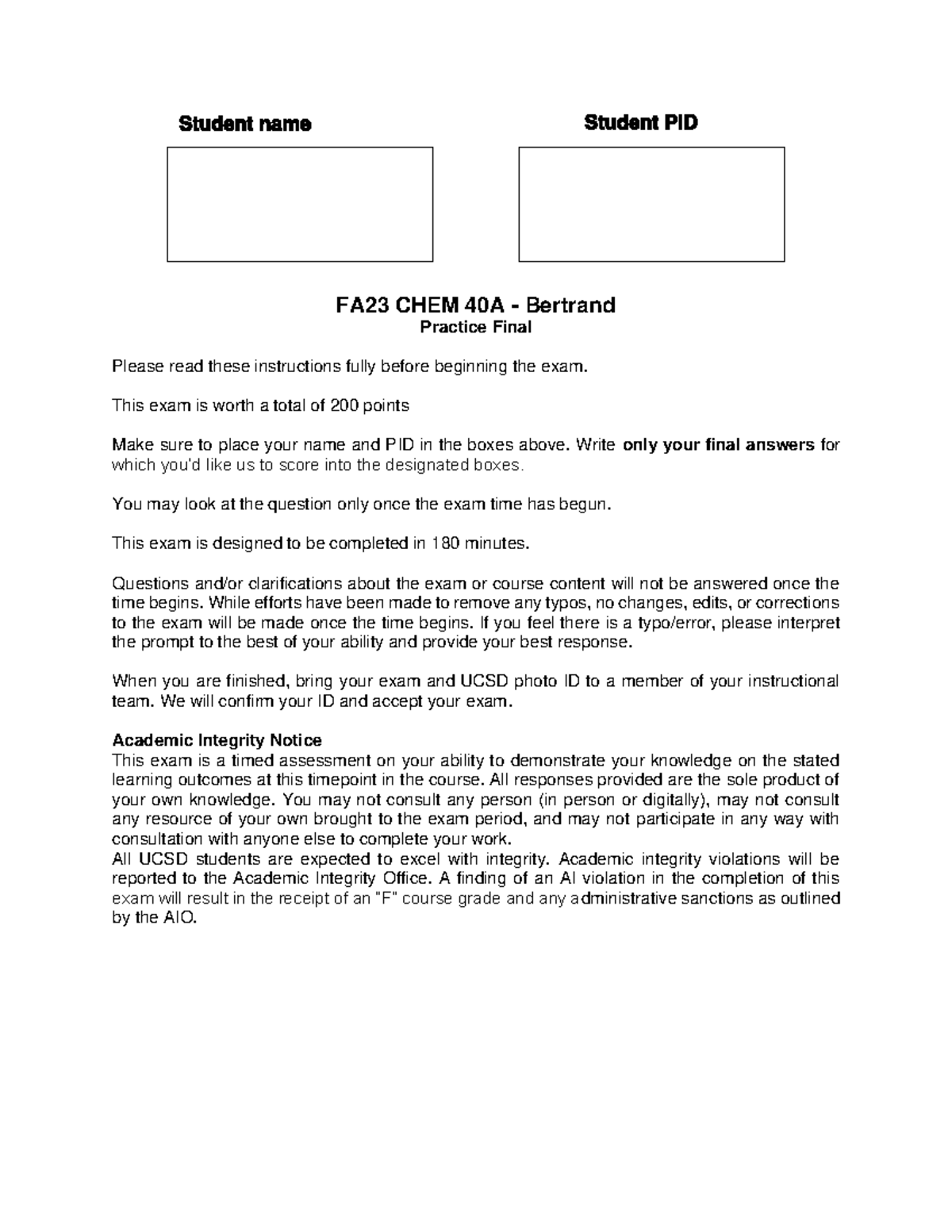 Practice Final - FA2 3 CHEM 40A - Bertrand Practice Final Please read ...