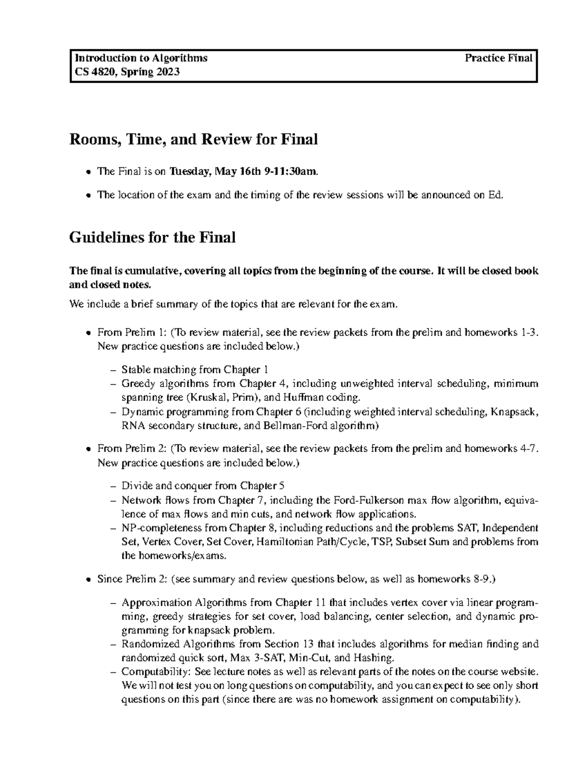 Practice Final 23 Introduction To Algorithms Practice Final Cs 4820 Spring 2023 Rooms Time