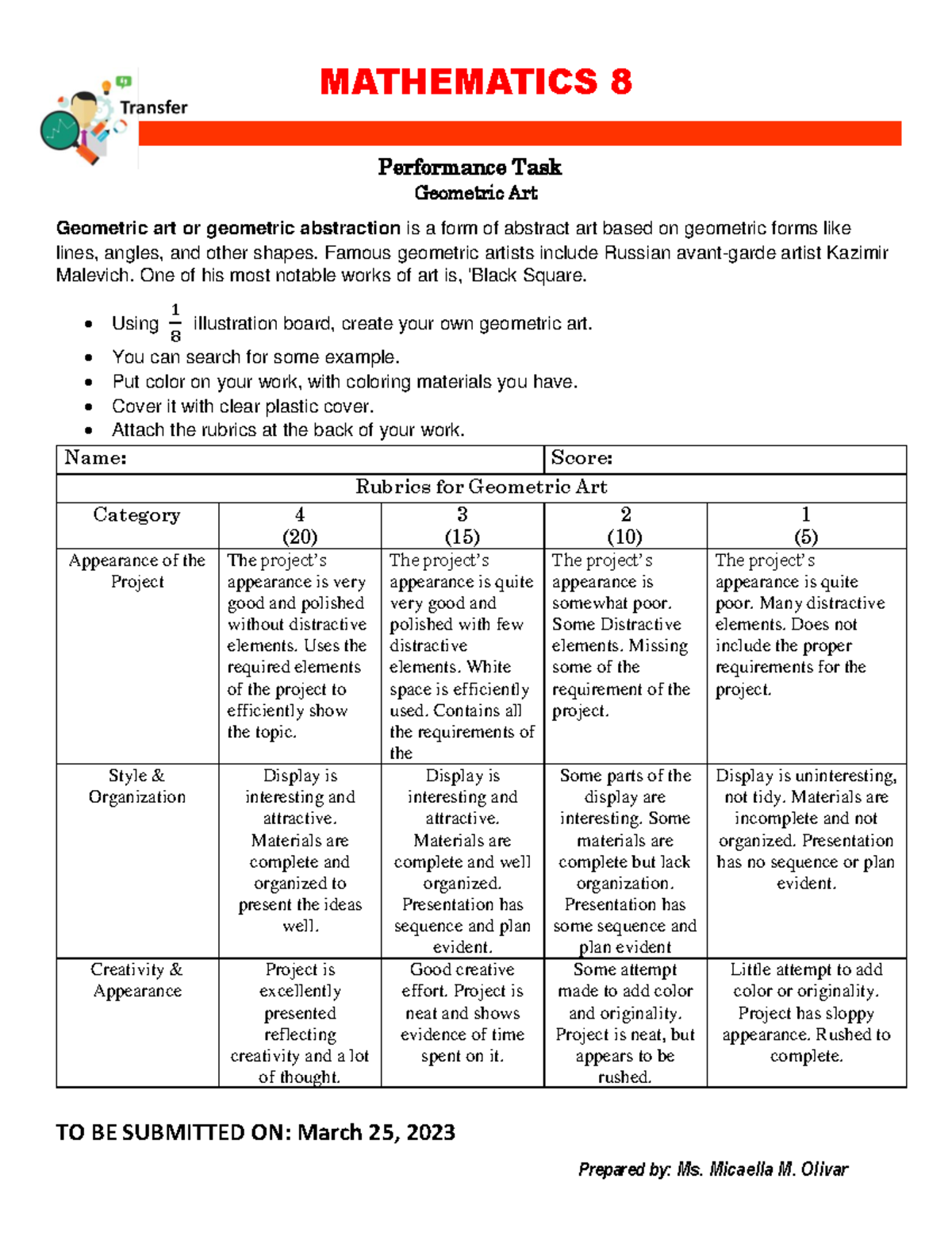 Mathematics 8 peta q3 - MATHEMATICS 8 Performance Task Geometric Art ...