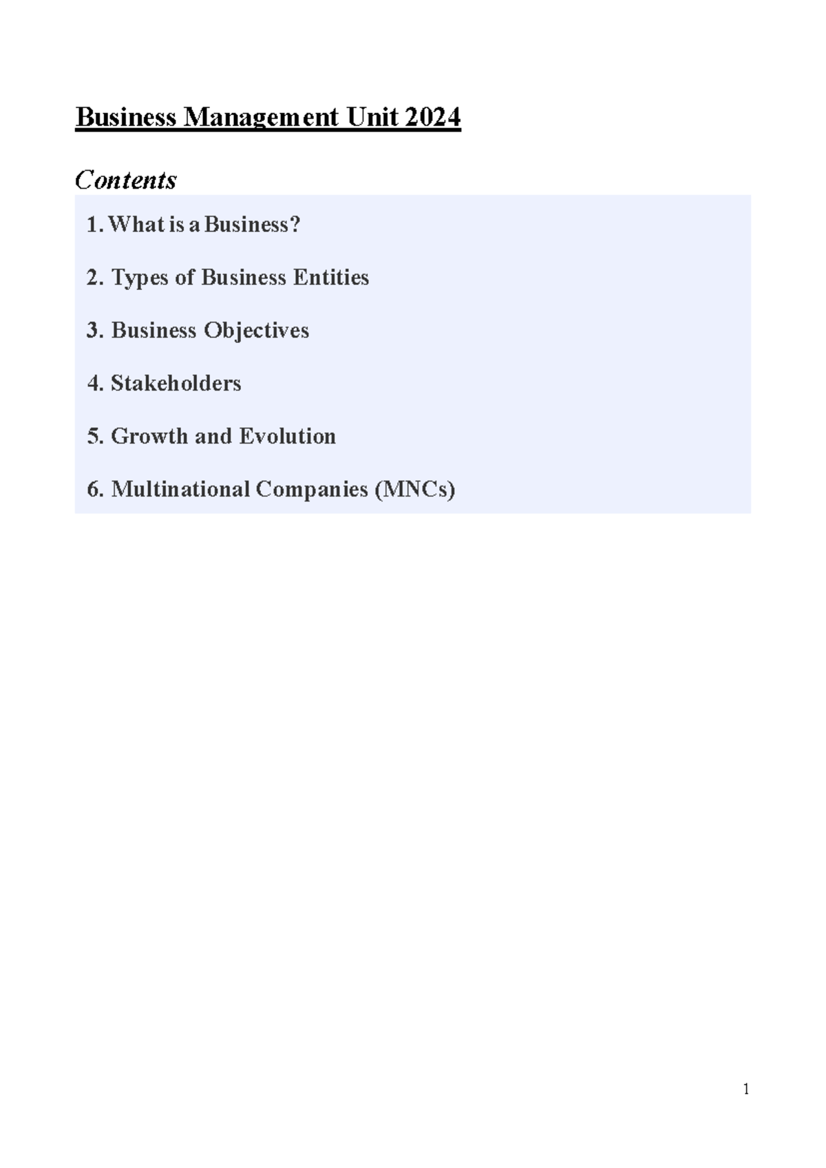 Business Management Unit 2024 - What is a Business? 2. Types of ...