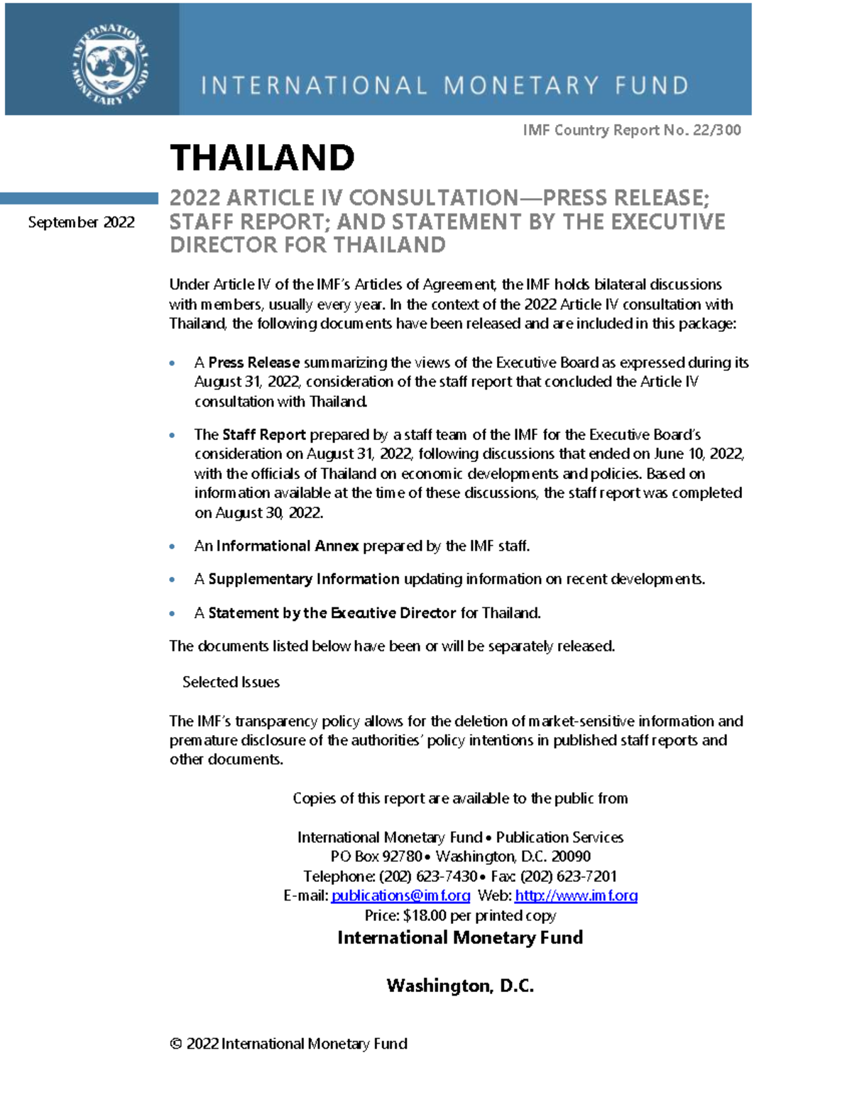 Thailand IMF 2022 - © 2022 International Monetary Fund IMF Country Report No. 22/ THAILAND 2022 ...