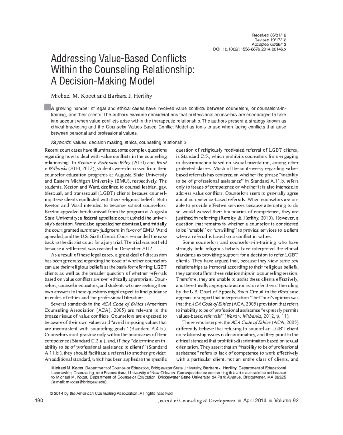 Addressing Value‐Based Conflicts Within the Counseling Relationship- A ...