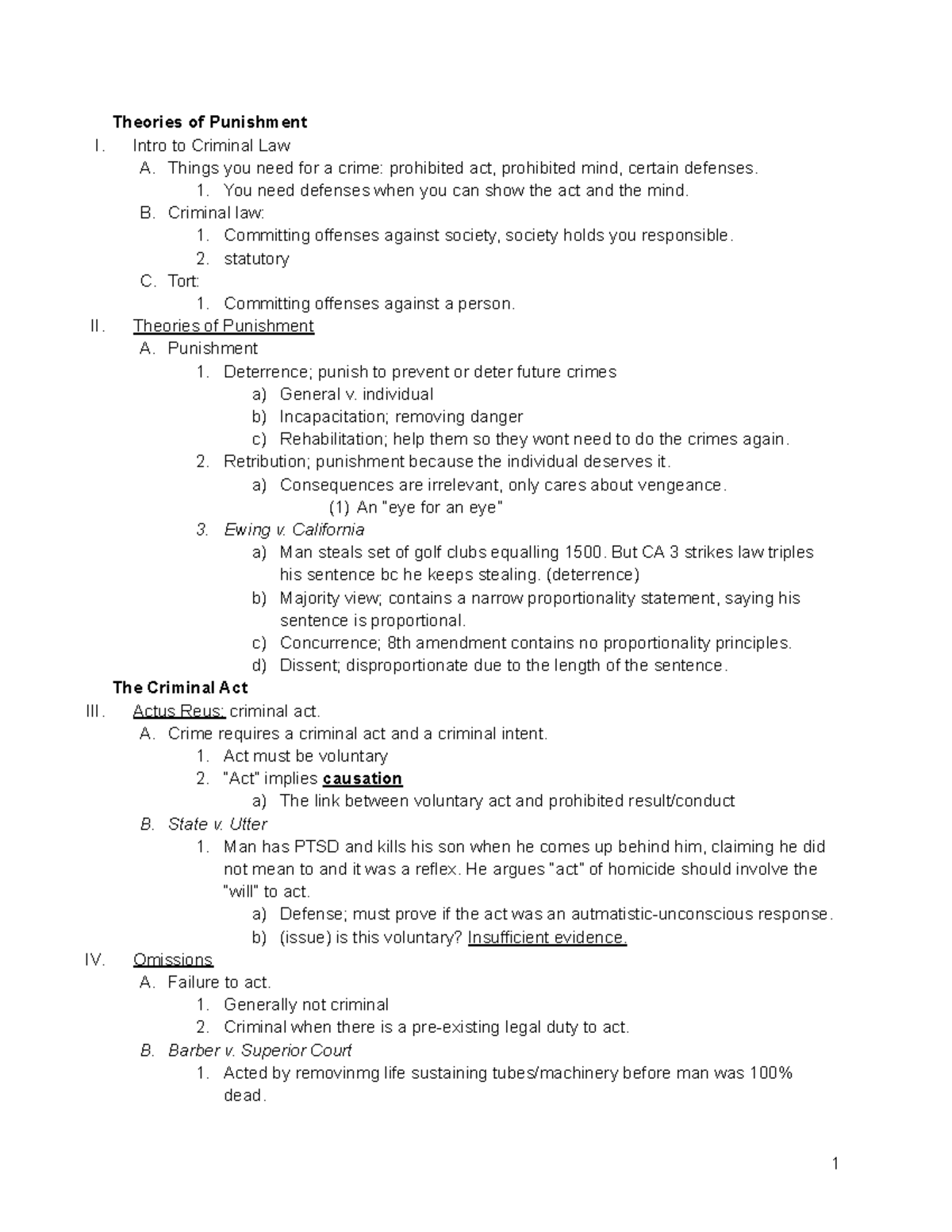 Criminal Outline-3 - Theories of Punishment I. Intro to Criminal Law A ...