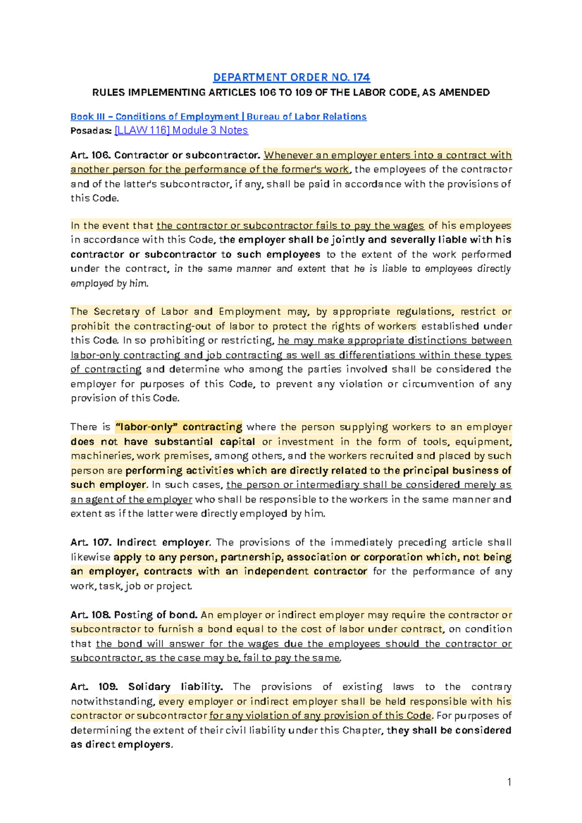[LLAW 116] Department Order No. 174 - DEPARTMENT ORDER NO. 174 RULES ...