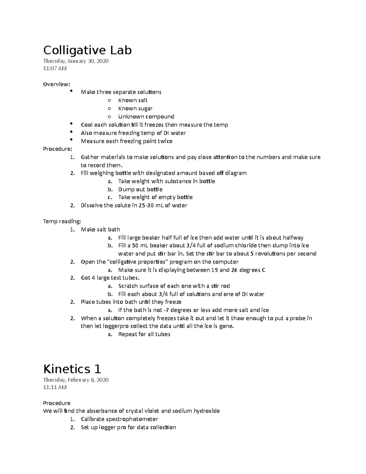 Chem 106 lab Condensed Procedures - Colligative Lab Thursday, January ...