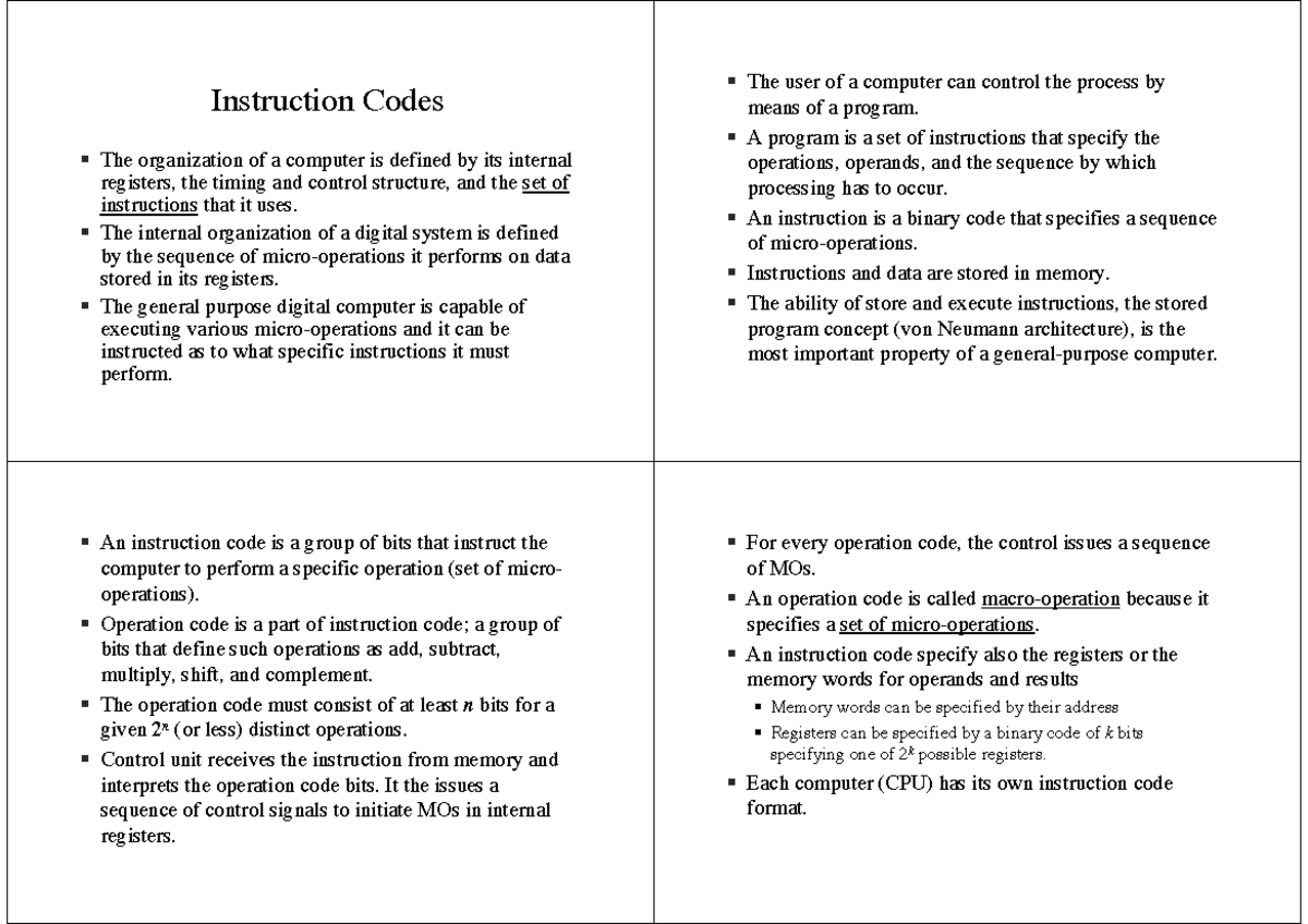 Unit Course 211 - Instruction Codes The organization of a computer is ...