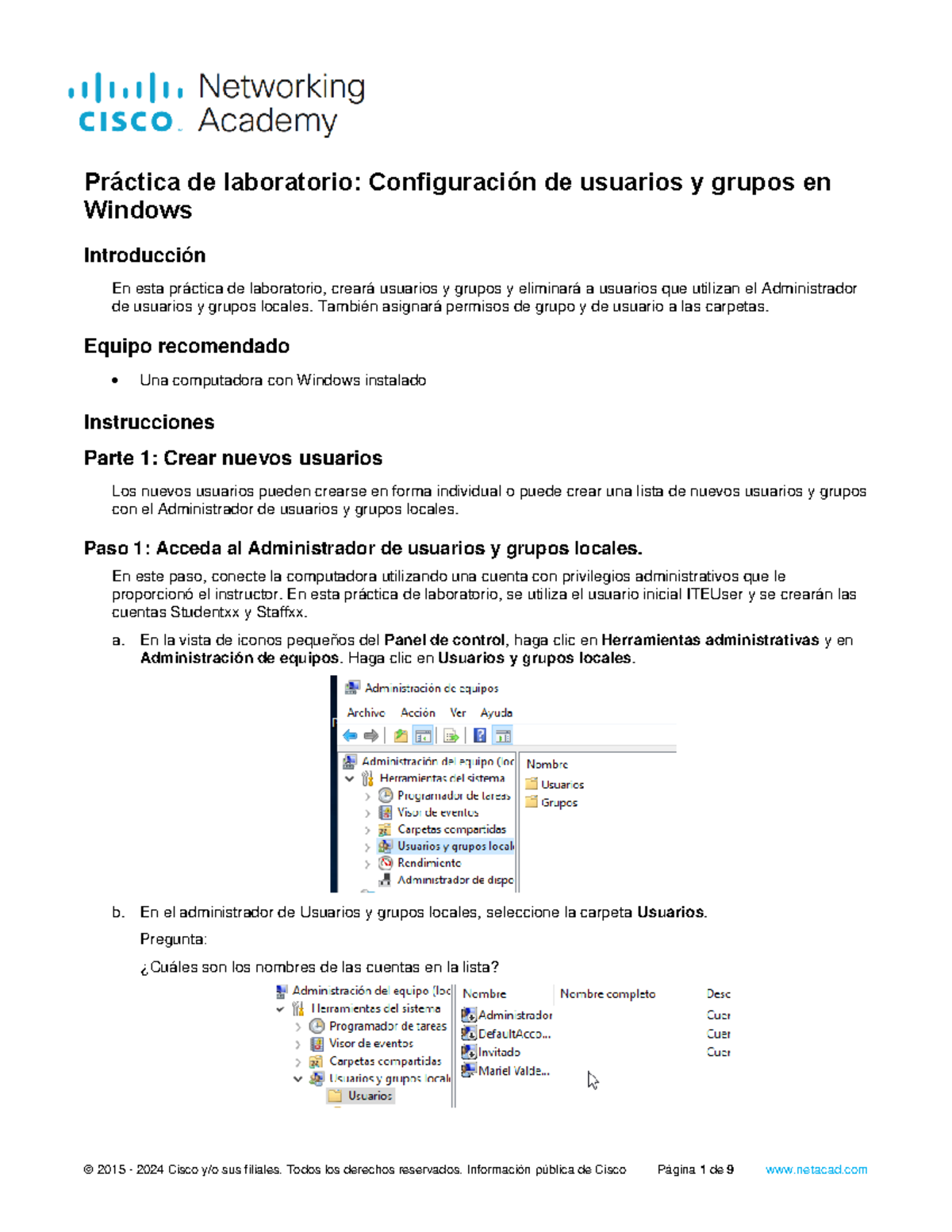 13.3.3.6 Lab - Configure Users and Groups in Windows - Práctica de laboratorio: Configuración de ...