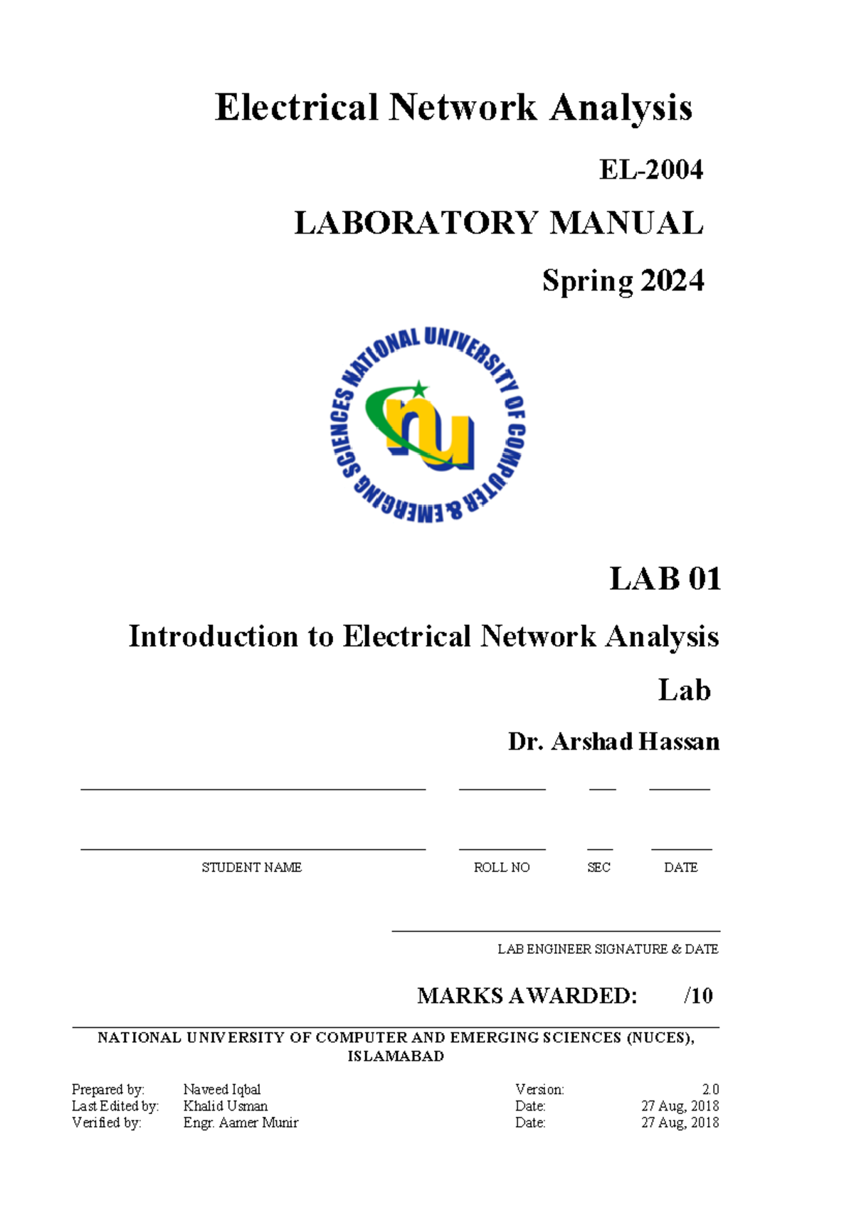 Lab01 - dd d d d - Electrical Network Analysis EL- LABORATORY MANUAL Spring 2024 LAB 01 ...