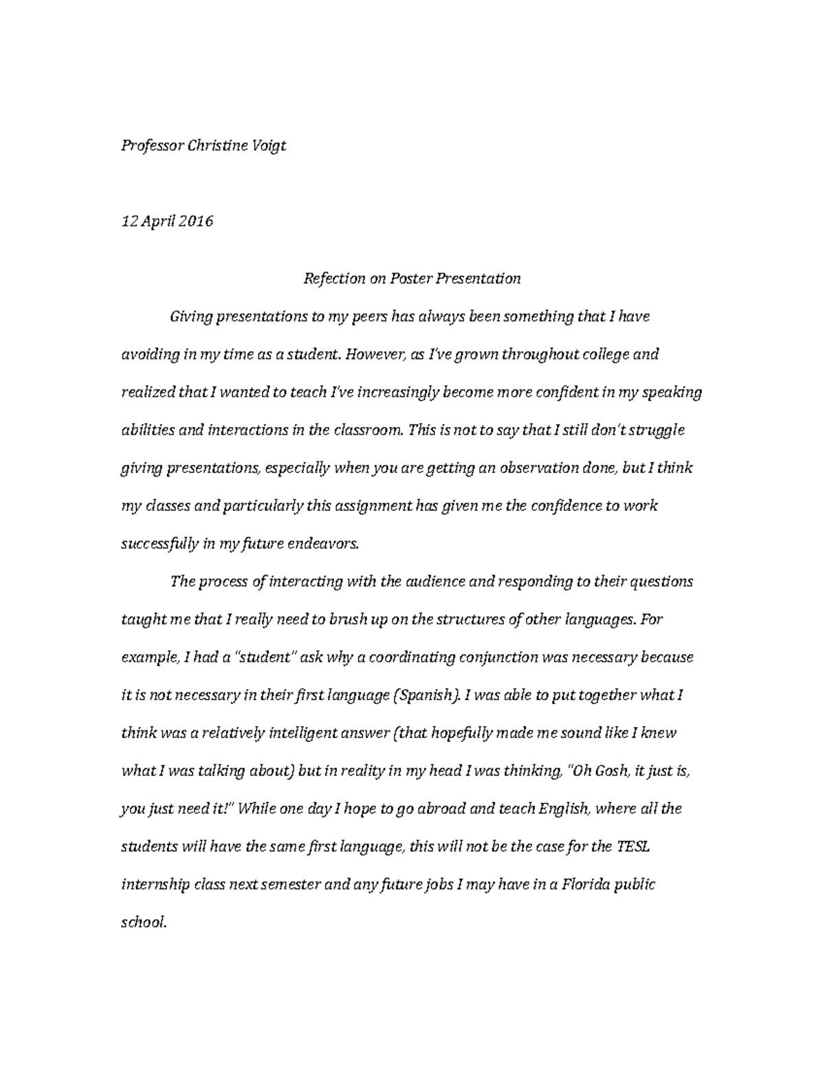 Poster presentation reflection - Professor Christine Voigt 12 April ...