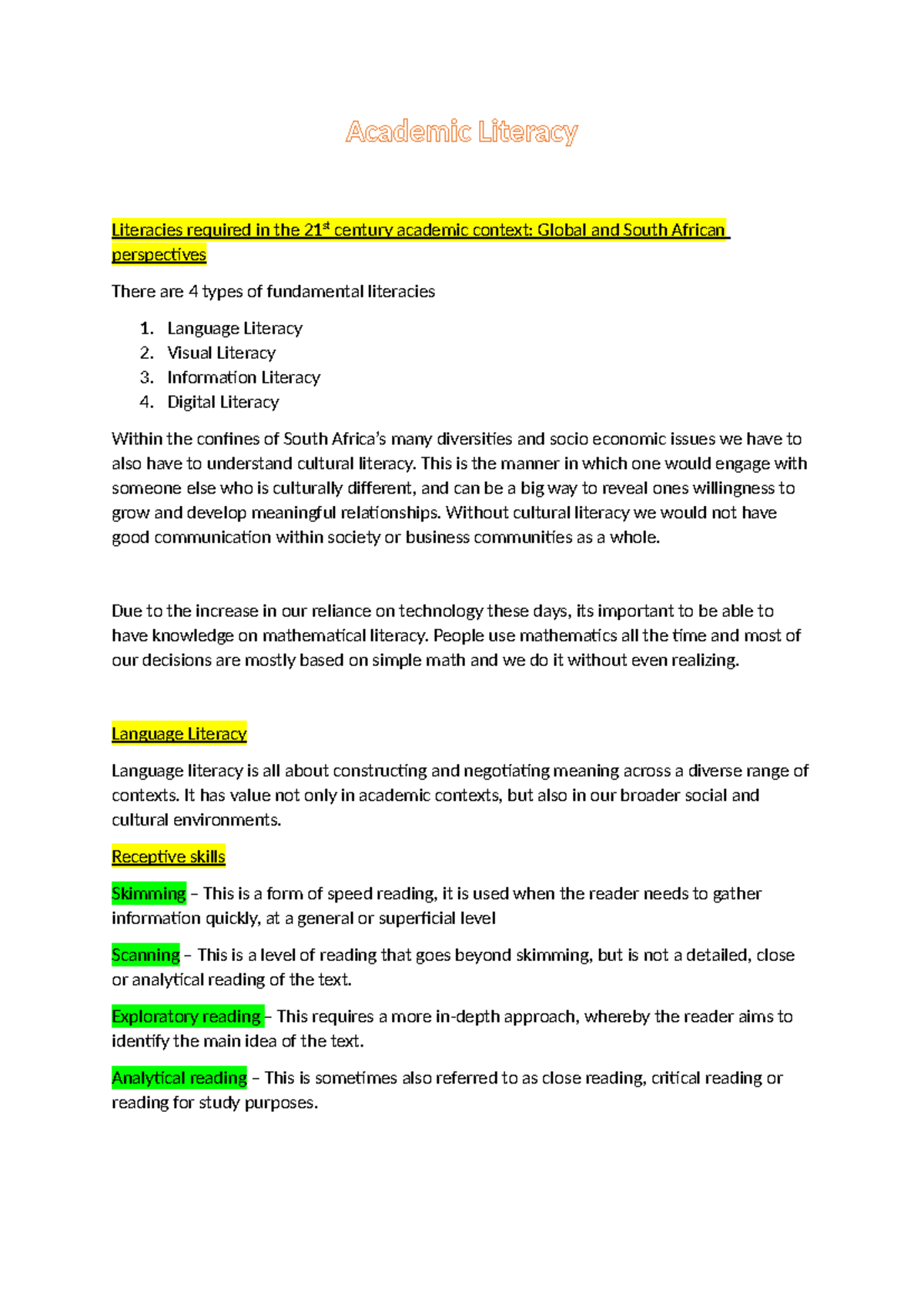 Academic LiteracyNotes - Academic Literacy Literacies required in the ...