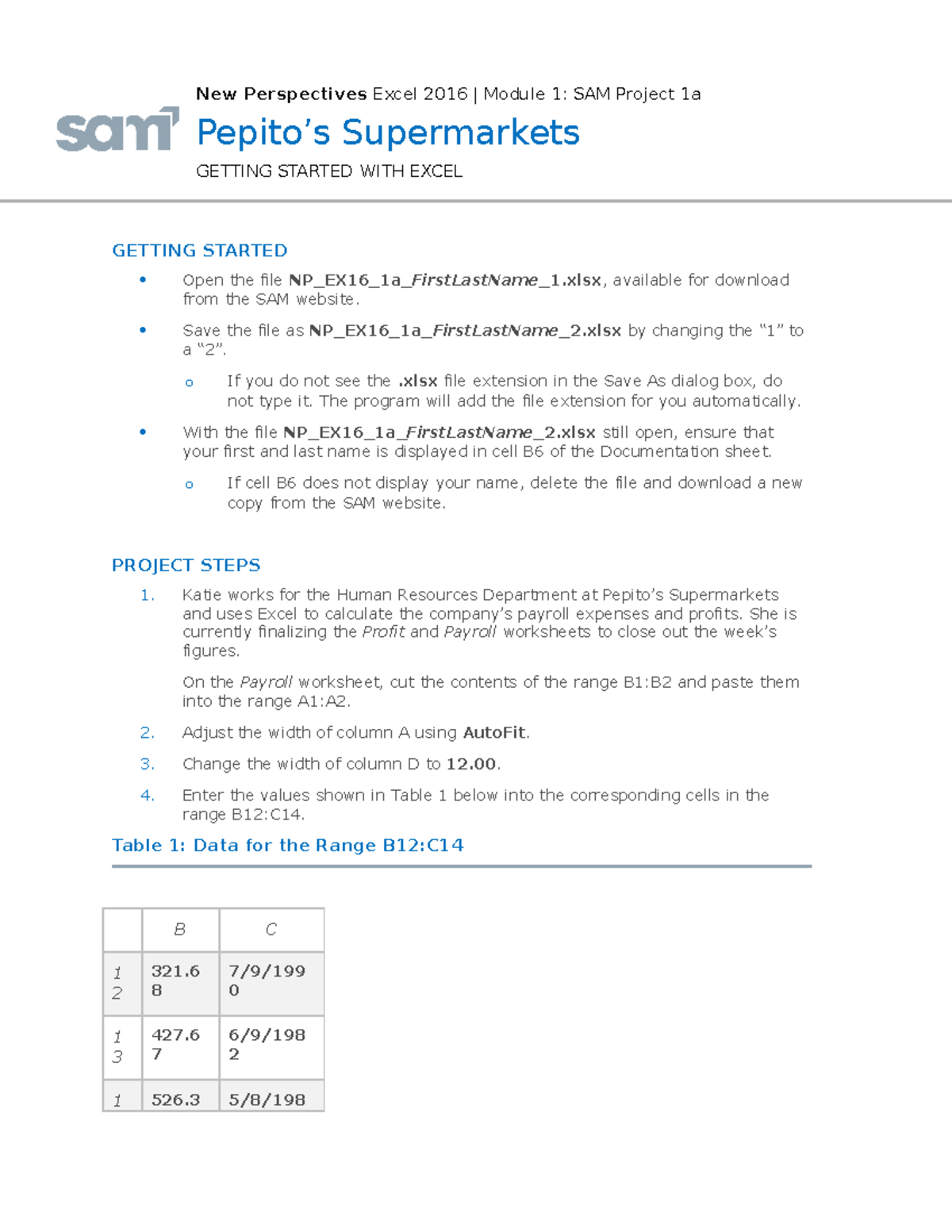 Excel Instructions NP EX16 1a - Pepito’s Supermarkets GETTING STARTED ...