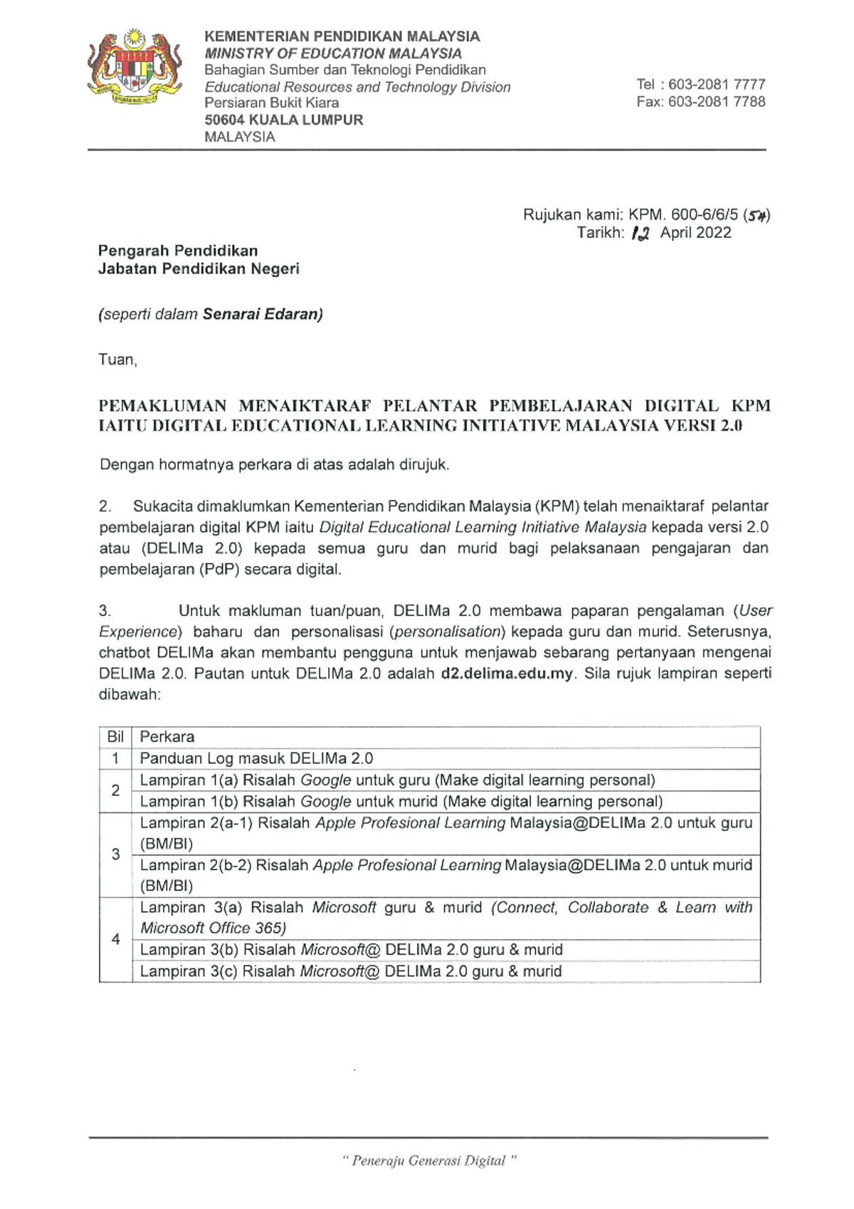 Surat Pemakluman Delima 2.0 ke SSTP - Pengarah Jabatan Pendidikan ...