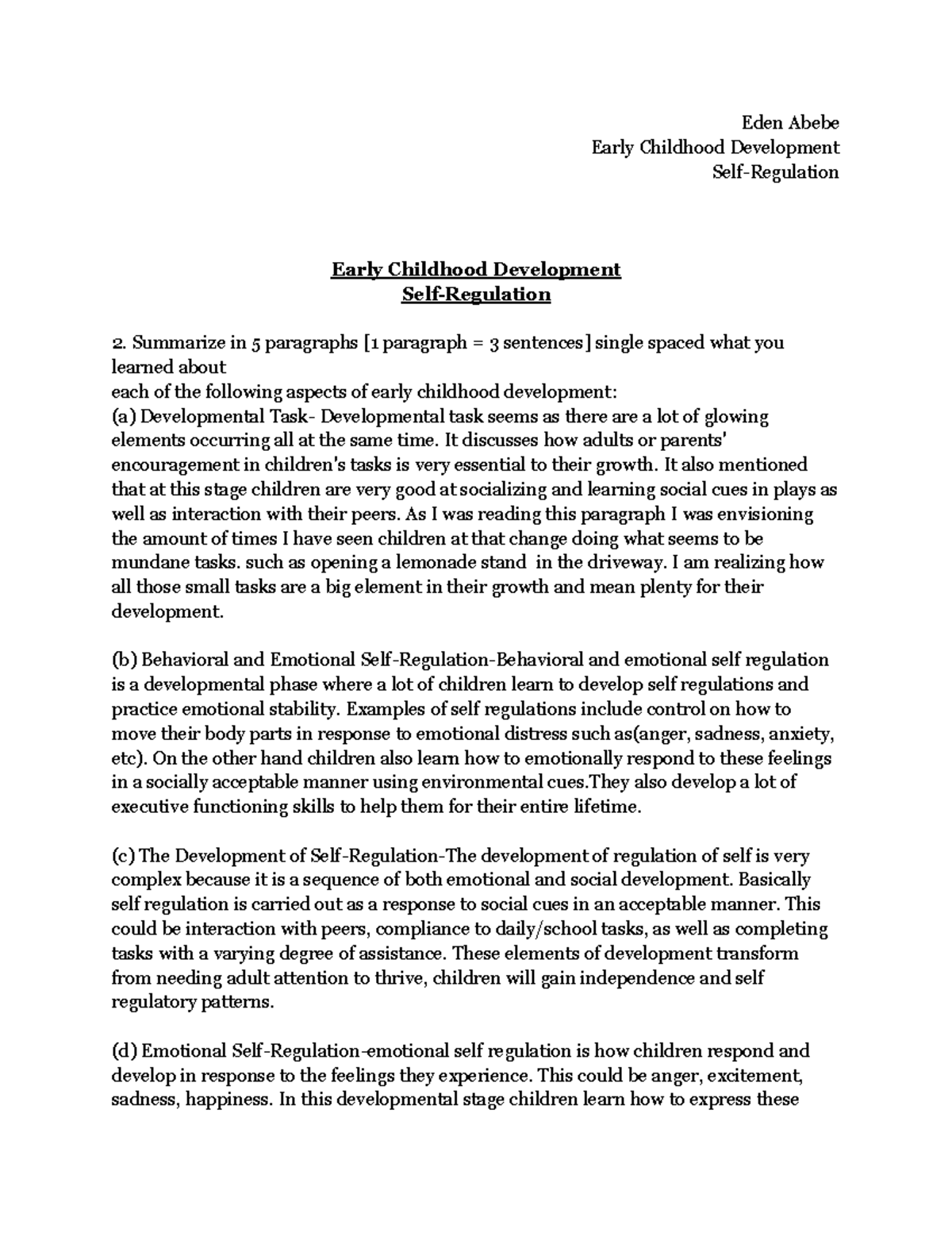 Early Childhood Development Self-Regulation - Eden Abebe Early ...